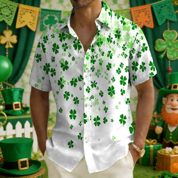 Ceisia Men's St. Patrick's Day Clover Print Short Sleeve Button-Down ...