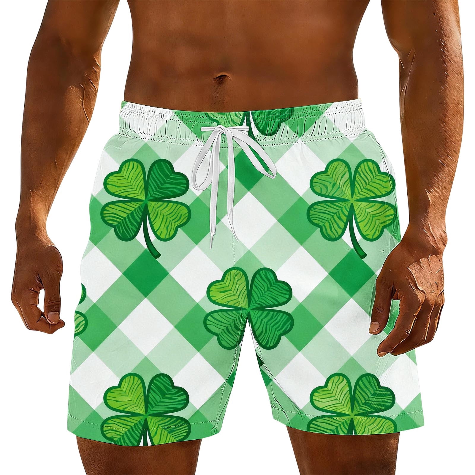 Ceisia Men's St. Patrick's Day Gingham & Clover Print Swim Trunks Up to ...