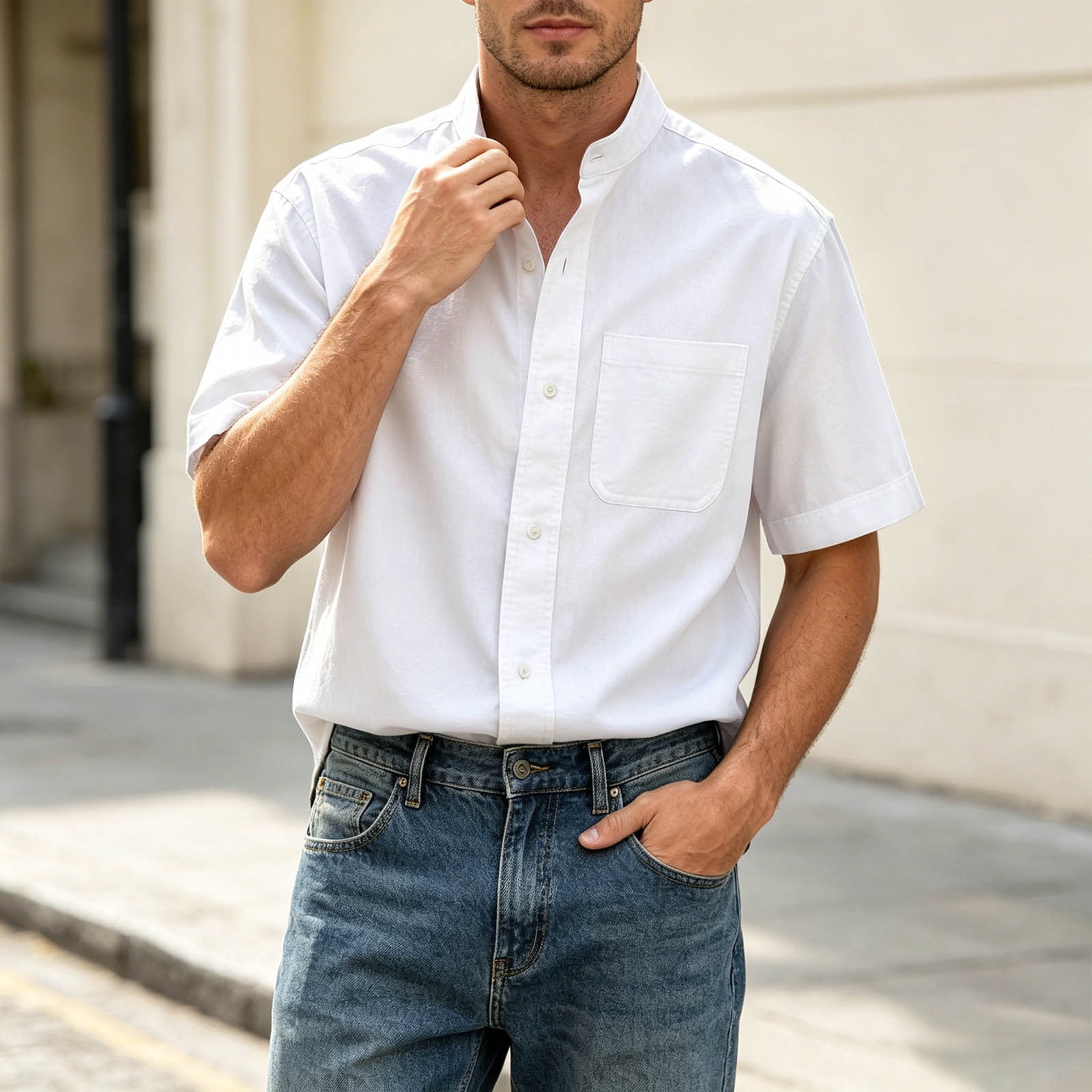 Ceisia Men's Stand Collar Button Down Shirt Short Sleeve Casual Cotton ...