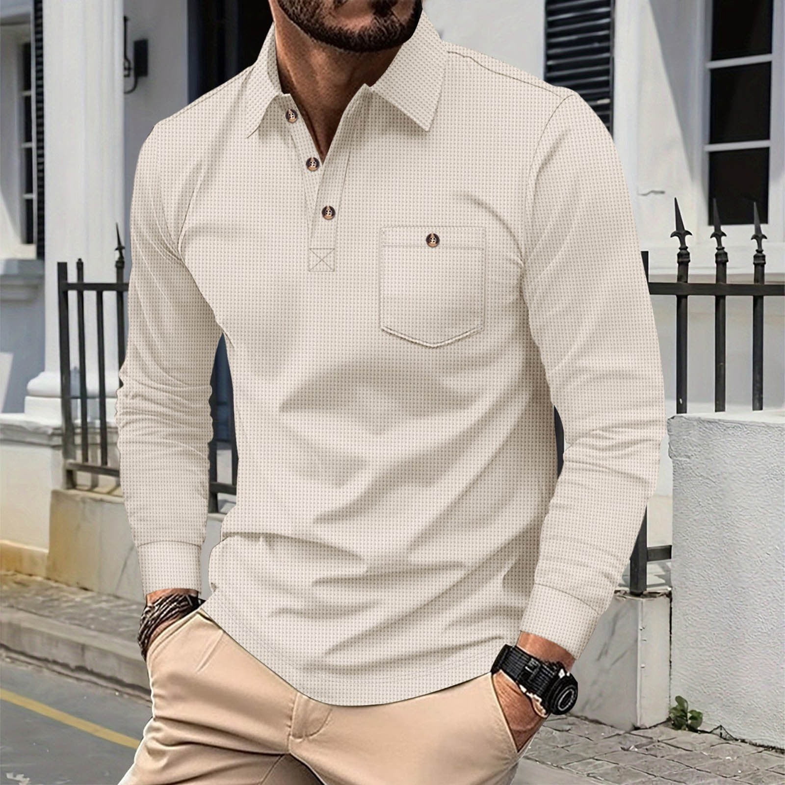 Ceisia Men's Summer Casual Solid Color V-Neck Long Sleeve Top ...