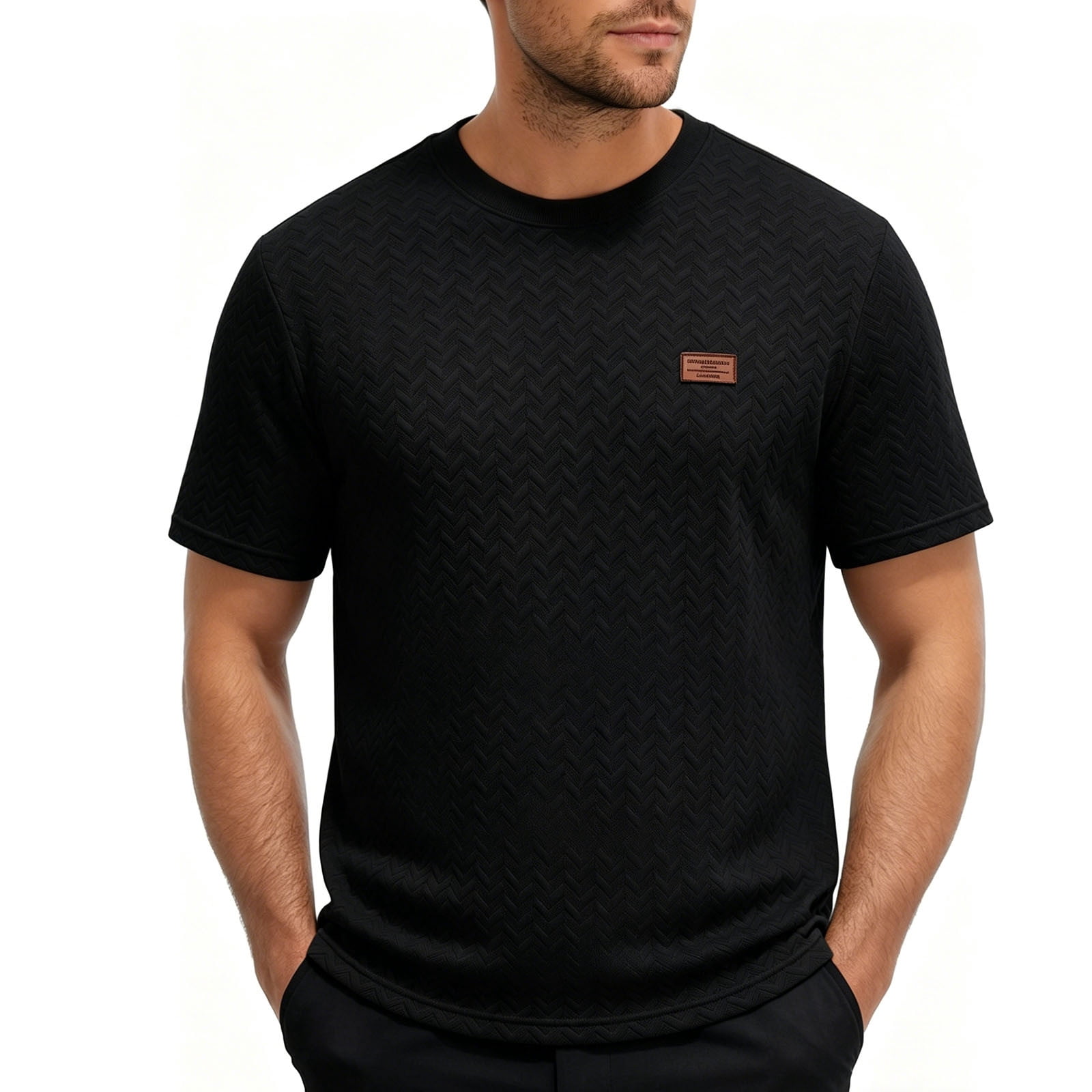 Ceisia Men's Textured Herringbone Pattern T-Shirt with Leather Patch ...