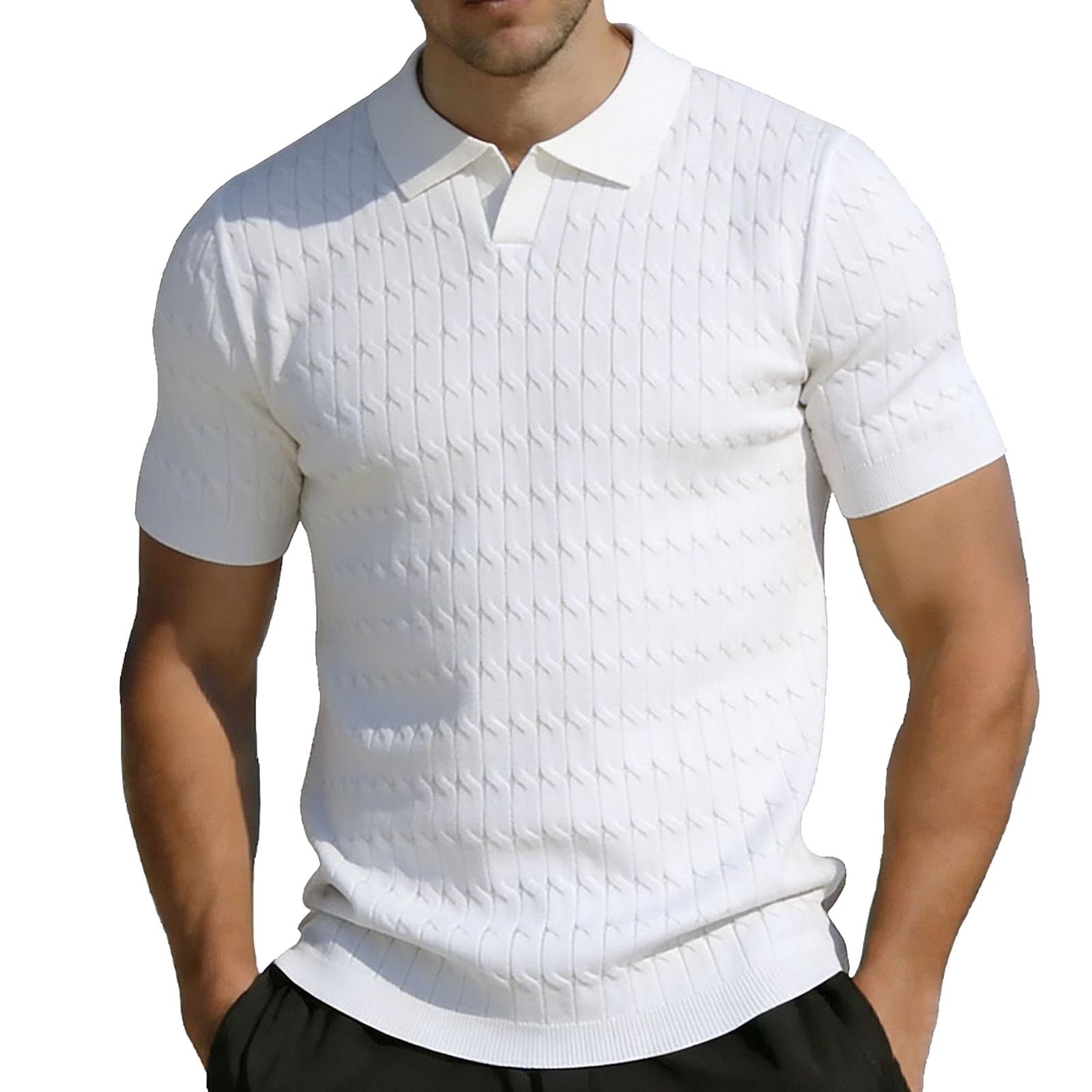 Ceisia Men's Textured Knit Polo Shirt with V-Neck White XL Gifts for ...