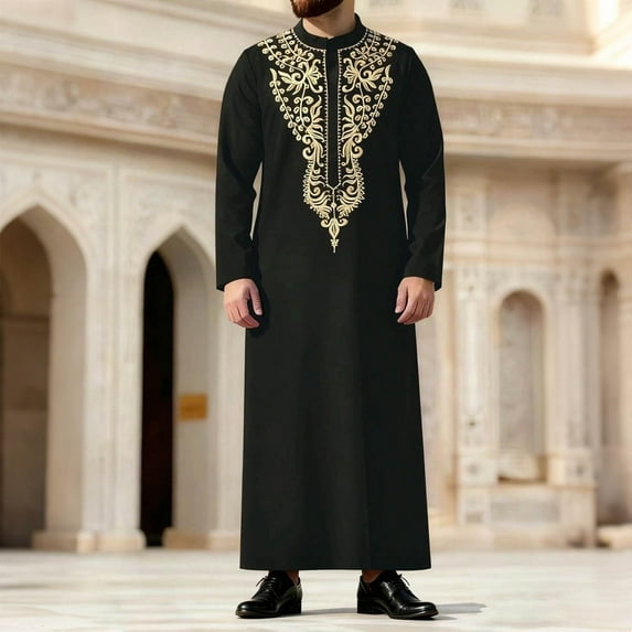 Ceisia Men's Traditional Black Thobe with Gold Embroidery | Ankle ...