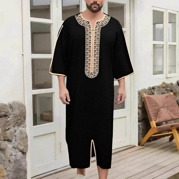 Ceisia Men's Traditional Knee-Length Robe | Beige Embroidered Mid ...