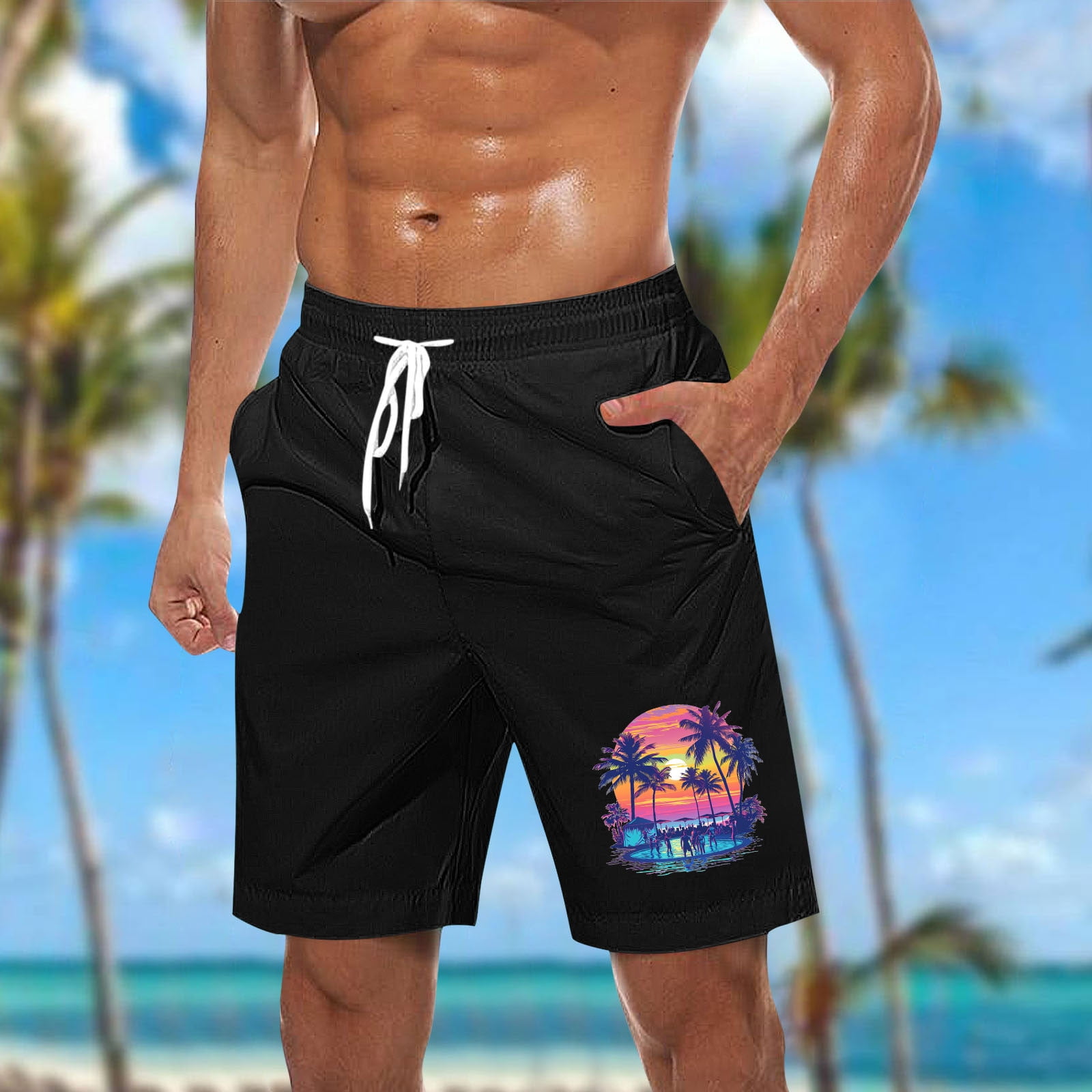 Ceisia Men's Tropical Sunset Palm Tree Print Board Shorts Quick Dry ...
