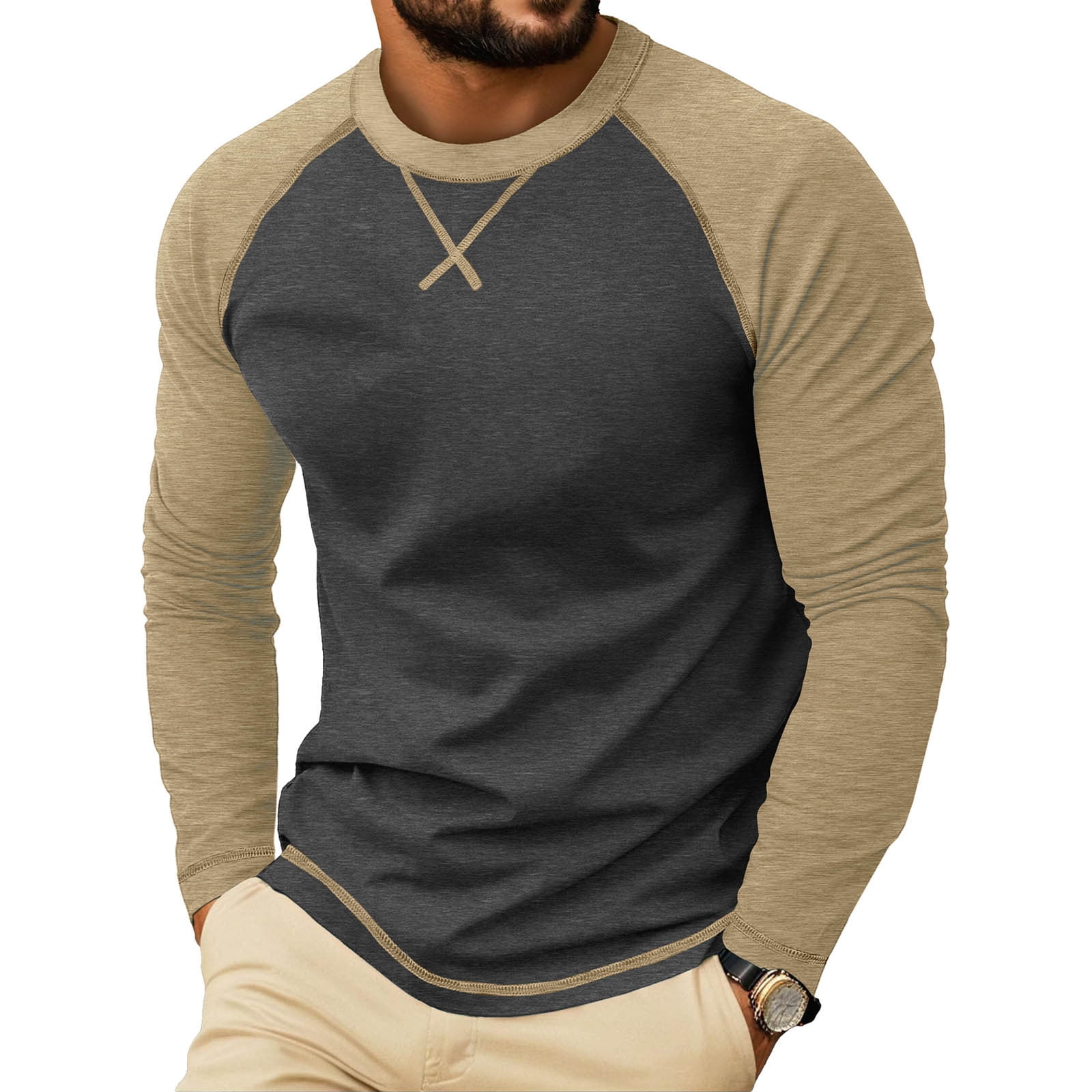 Ceisia Men's Two-Tone Raglan Long Sleeve Crew Neck T-Shirt Multi-Color ...