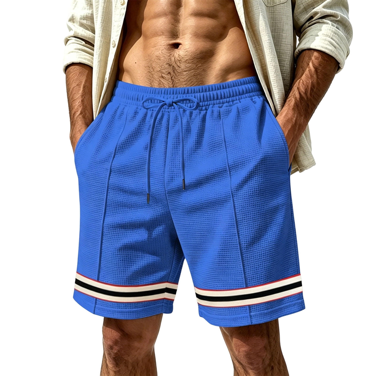 Ceisia Men's Waffle Knit Elastic Waist Drawstring Shorts With Striped ...