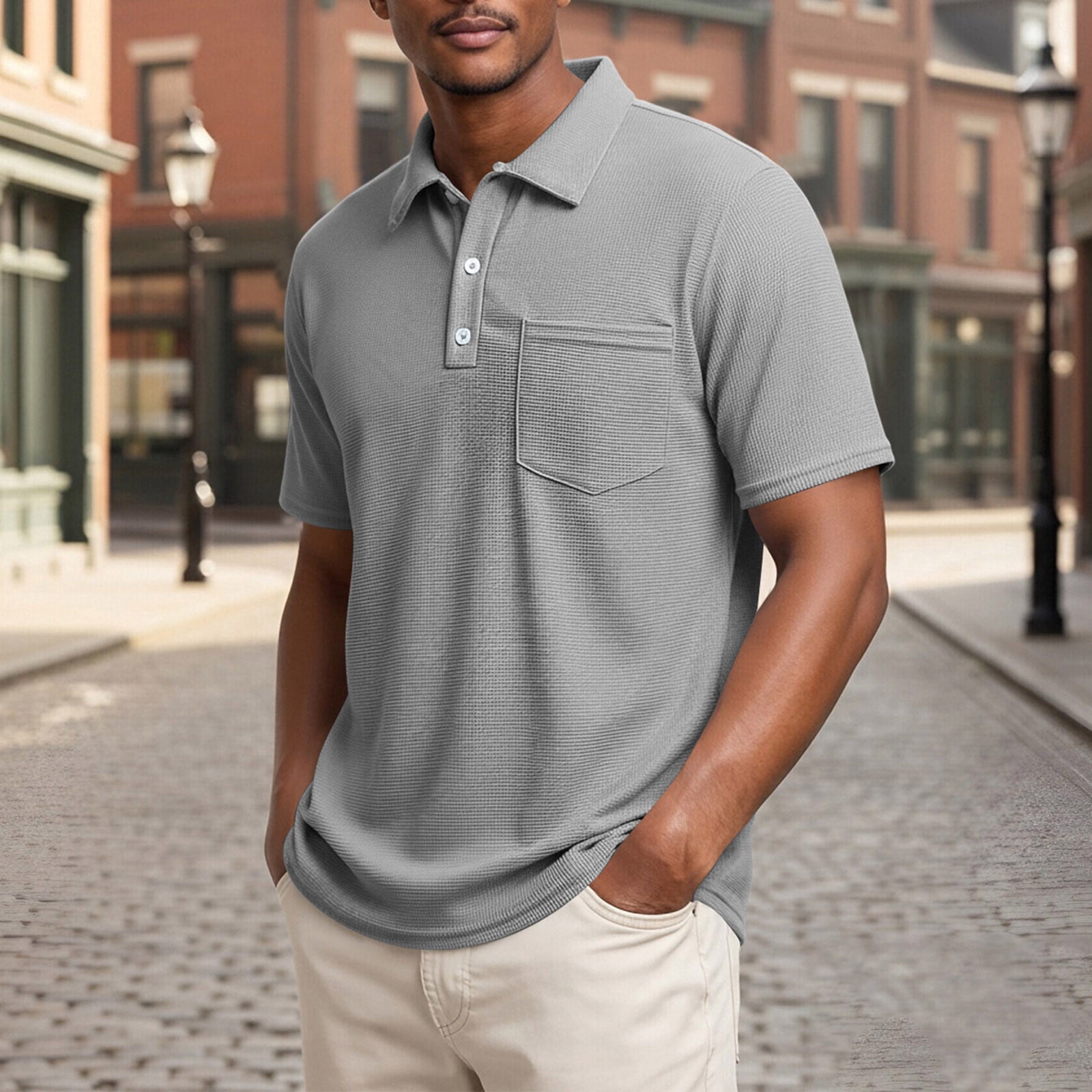 Ceisia Men's Waffle Knit Polo Shirt Short Sleeve Button Down With Chest ...