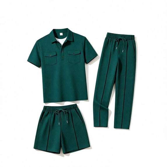 Ceisia Men's Waffle Knit Polo Shirt With Chest Pockets, Matching Pants ...