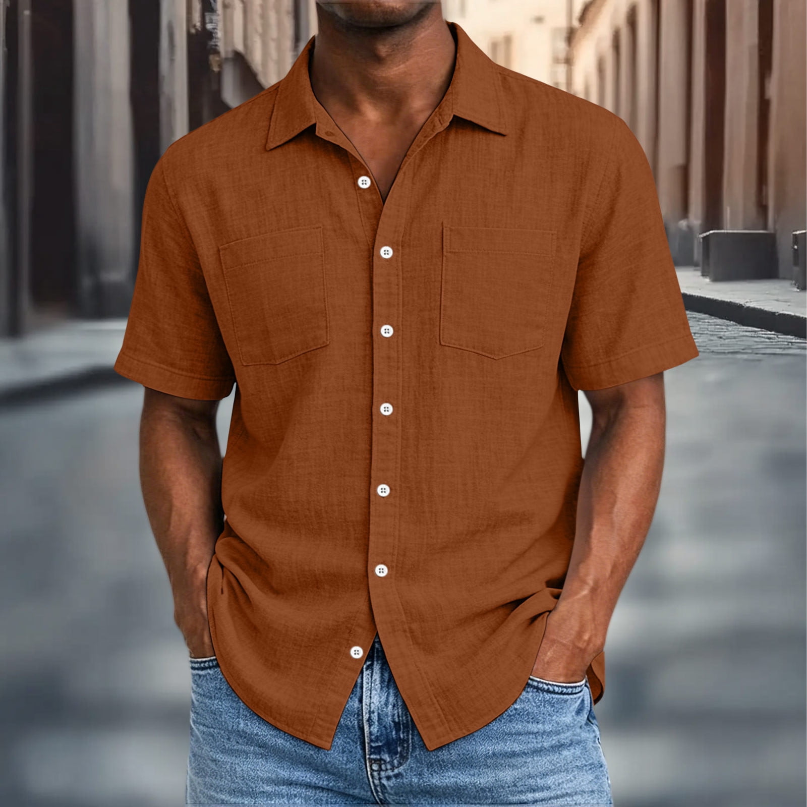 Ceisia Mens Faux Linen Lapel Button Shirts Dual Pocket Short Sleeve ...