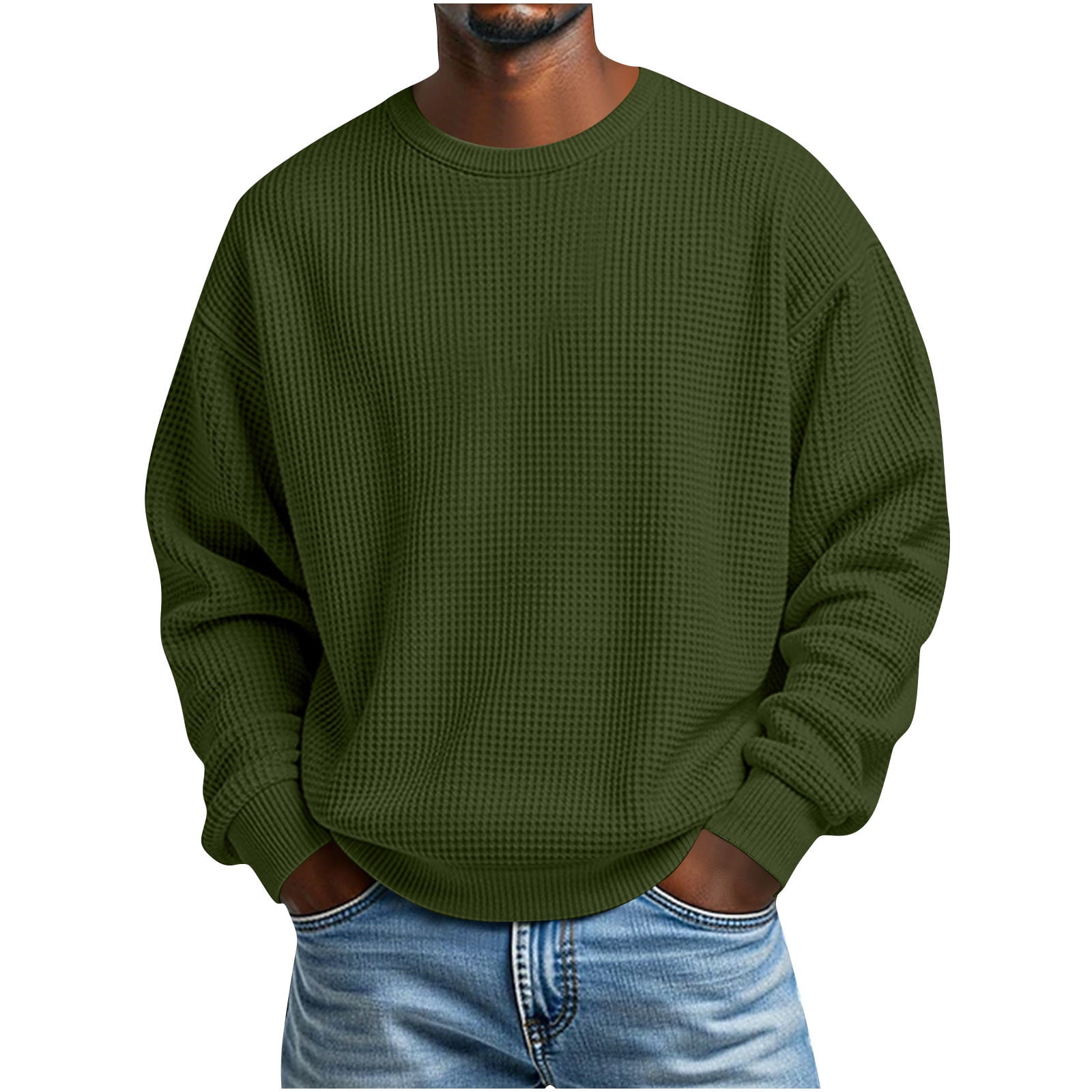 Ceisia Mens Long Sleeve Pullover Loose Sweater Waffle Knit Round Neck ...
