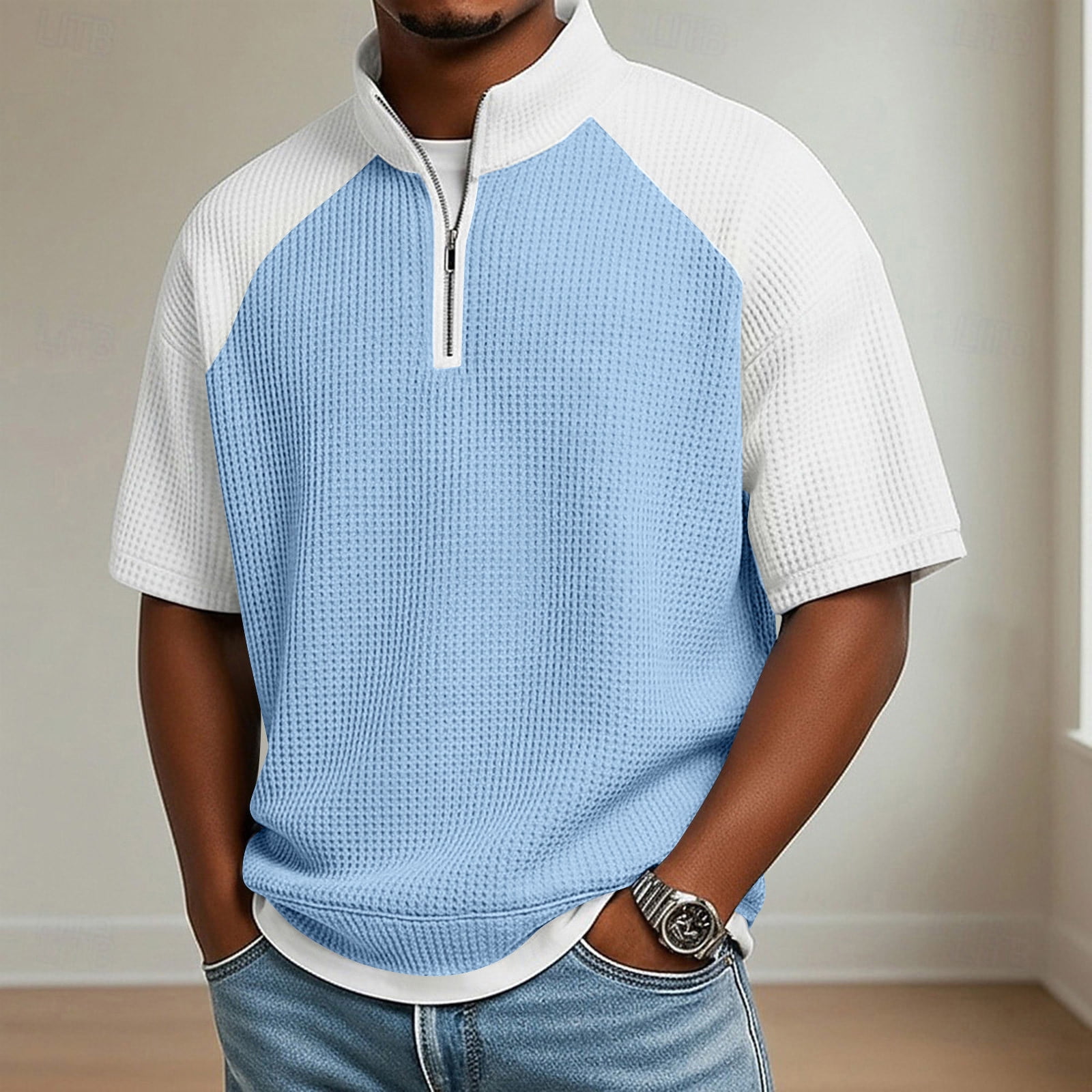 Ceisia Mens Waffle Knit Quarter Zip Pullover Short Sleeve Color Block ...