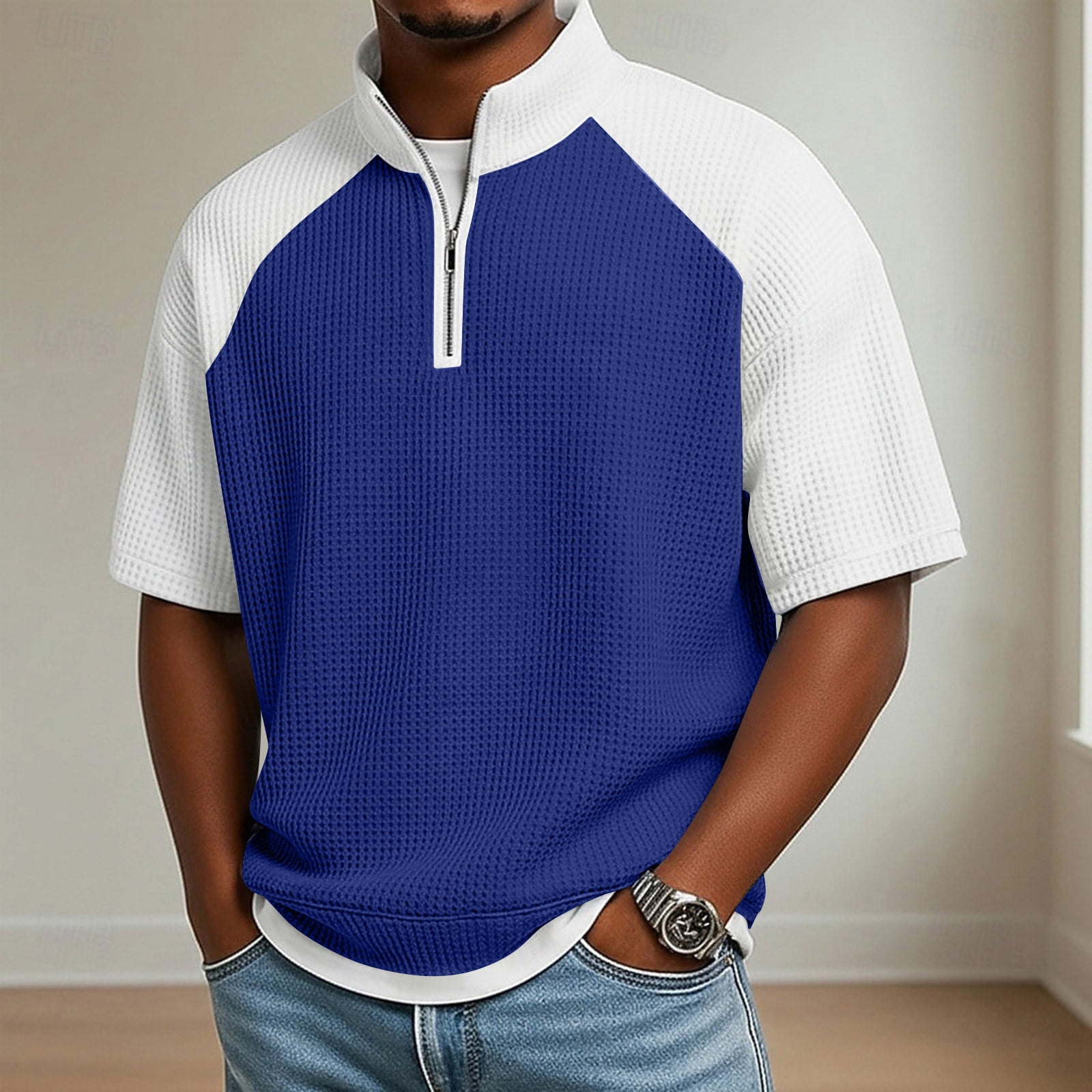 Ceisia Mens Waffle Knit Quarter Zip Pullover Short Sleeve Color Block ...