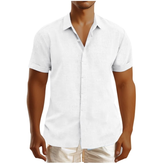 Ceisia Pure Linen Notch Lapel Button Down Short Sleeve Shirts Solid ...