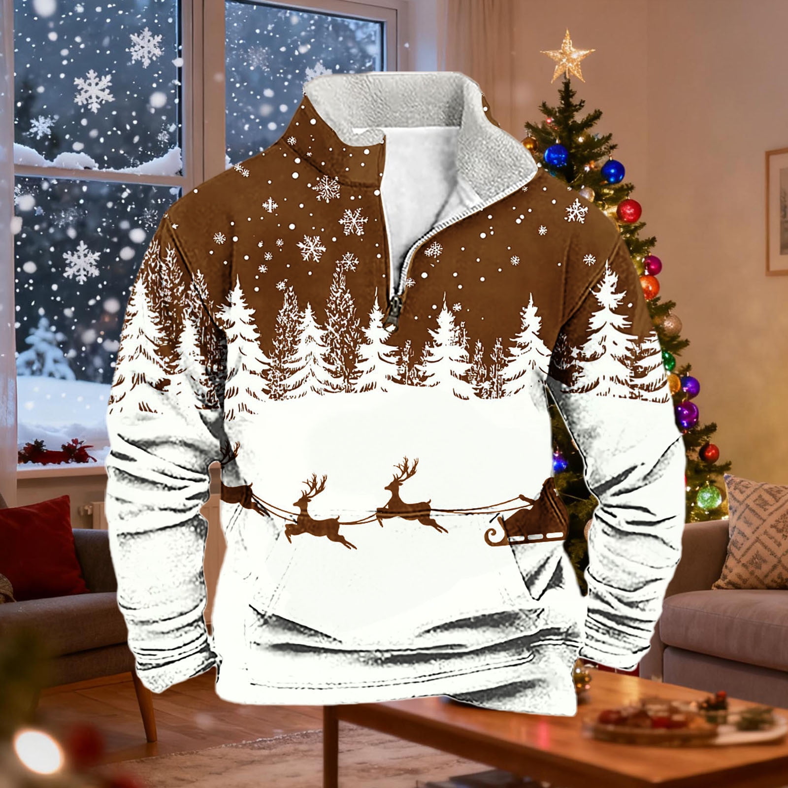 Ceisia Warm Fleece-Lined Mens Loose Fit Christmas Print Half-Zip Stand ...