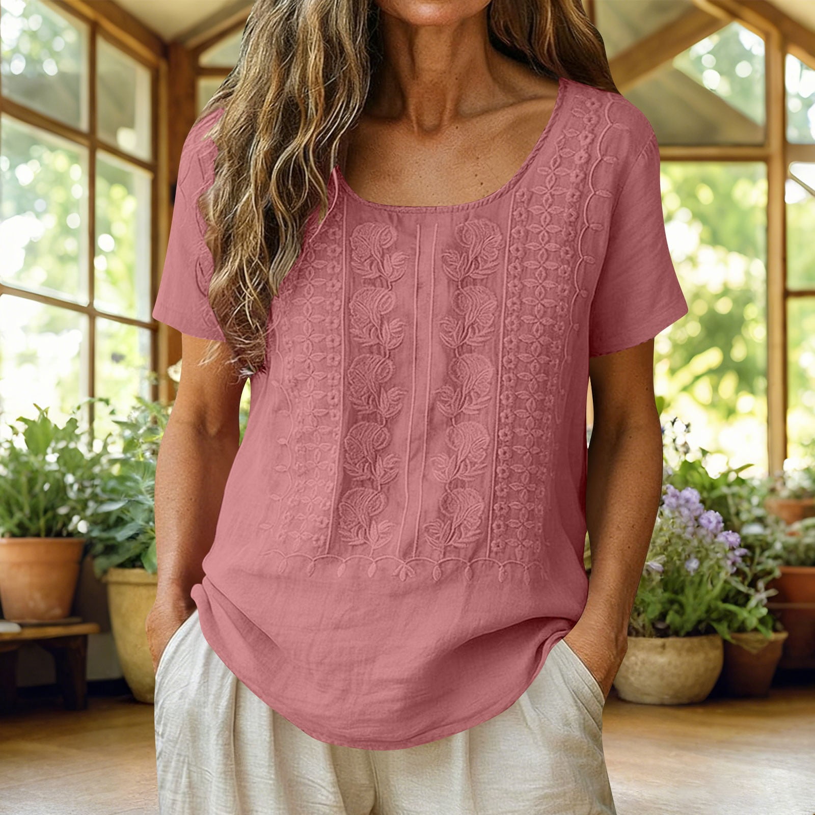 Ceisia Women's Embroidered Short Sleeve Blouse Casual Crew Neck Loose ...