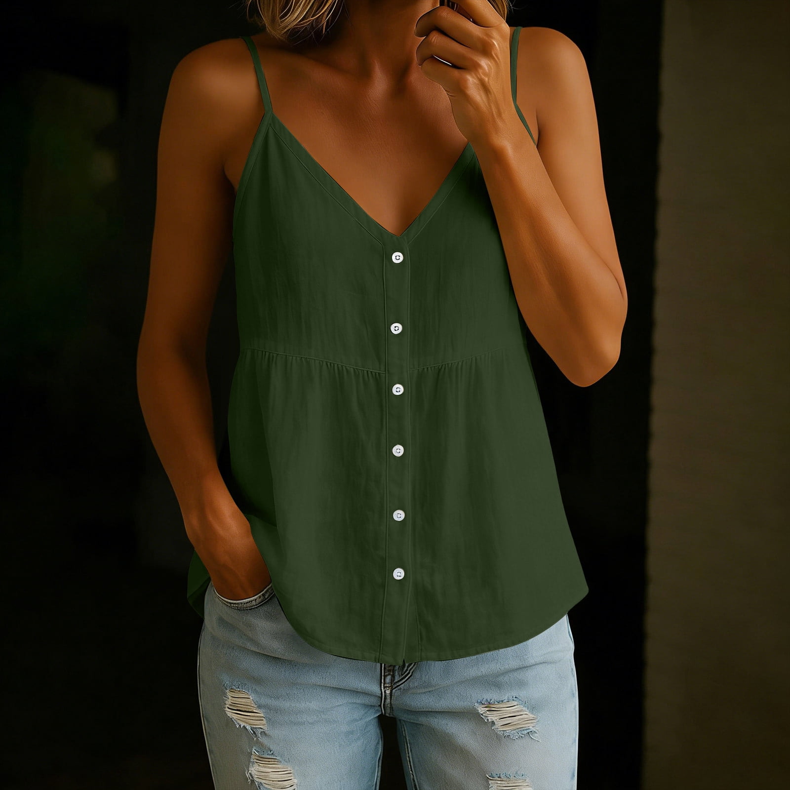 Ceisia Women's V Neck Spaghetti Strap Cami Top Casual Button Down ...