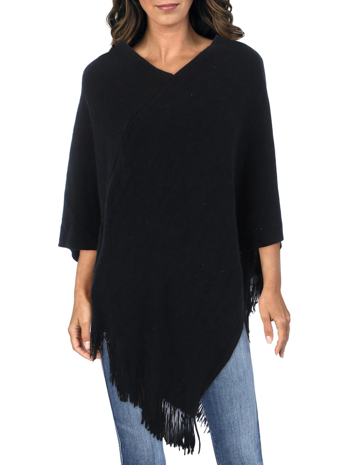Cejon Women's Back to Basics Knit Fringe Ruana Poncho -Black One Size ...