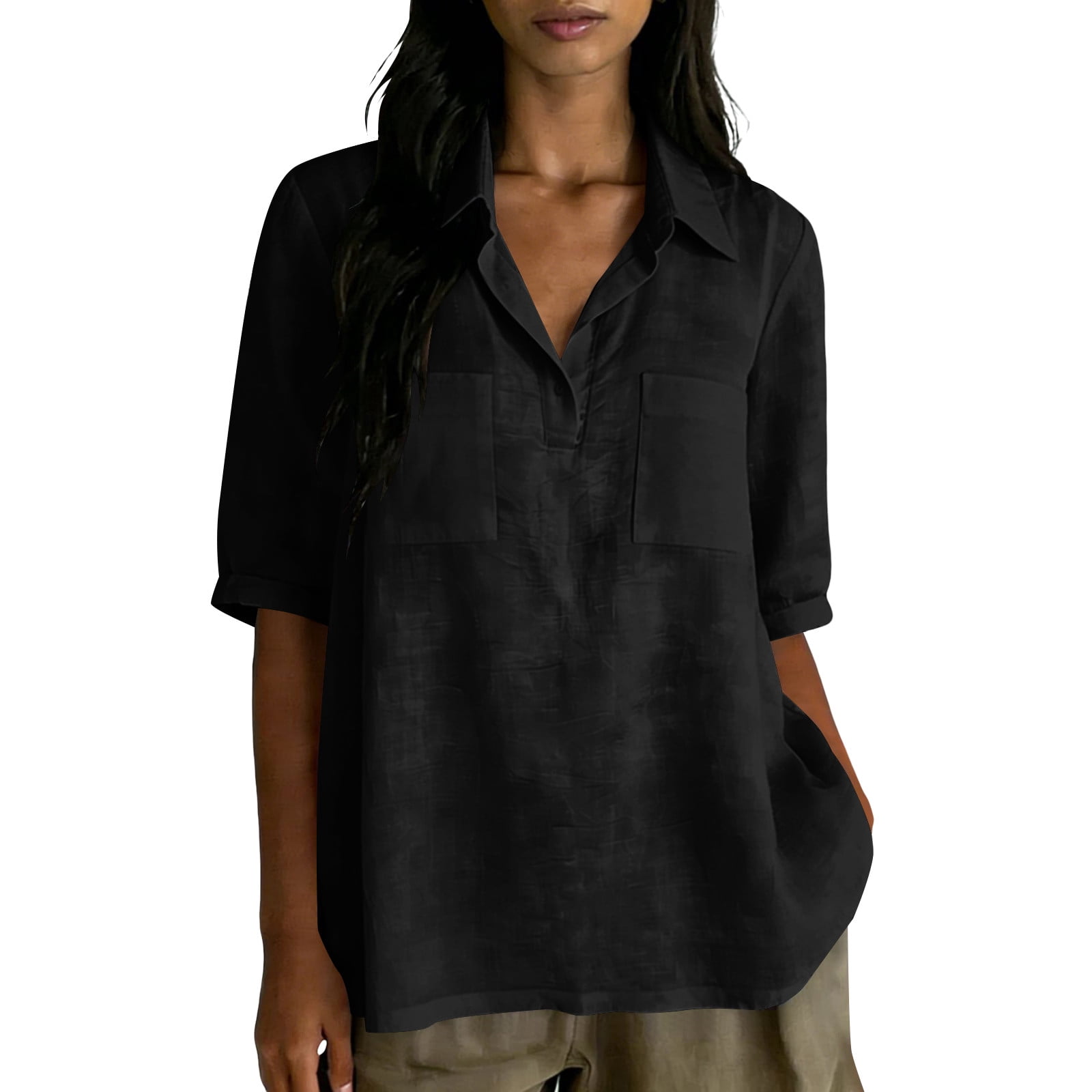 Cekizud Blouses for Women Solid Color Button up Shirt V Neck Loose T ...