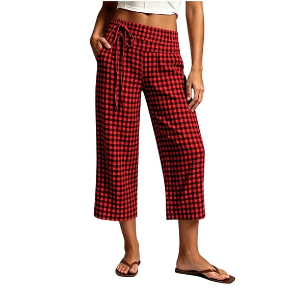 Cekizud Capri Pants for Women Lightweight Plaid Pull-On Waist Relaxed ...