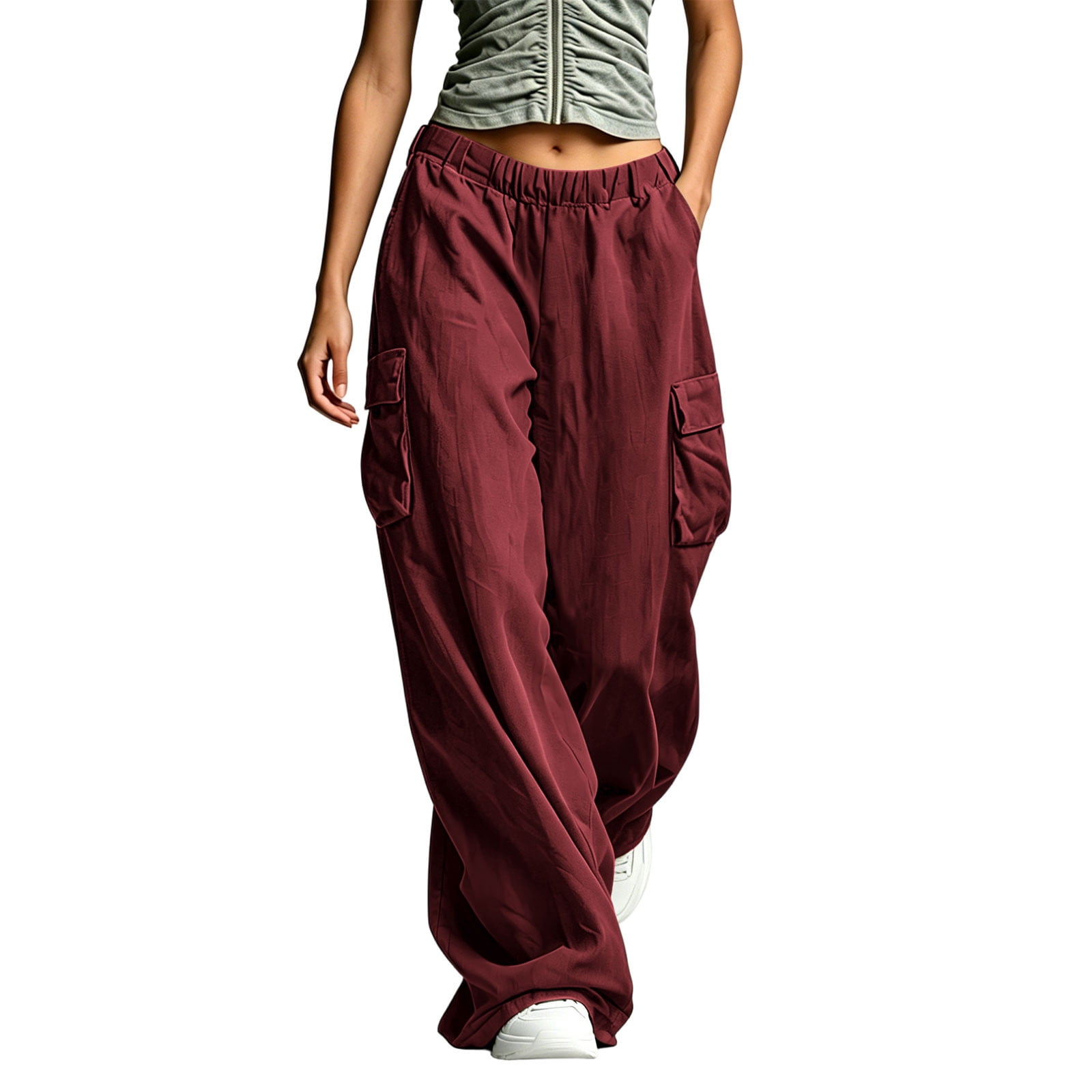 Cekizud Cargo Pants Women Elastic Waist Casual Loose Wide Leg Trousers ...