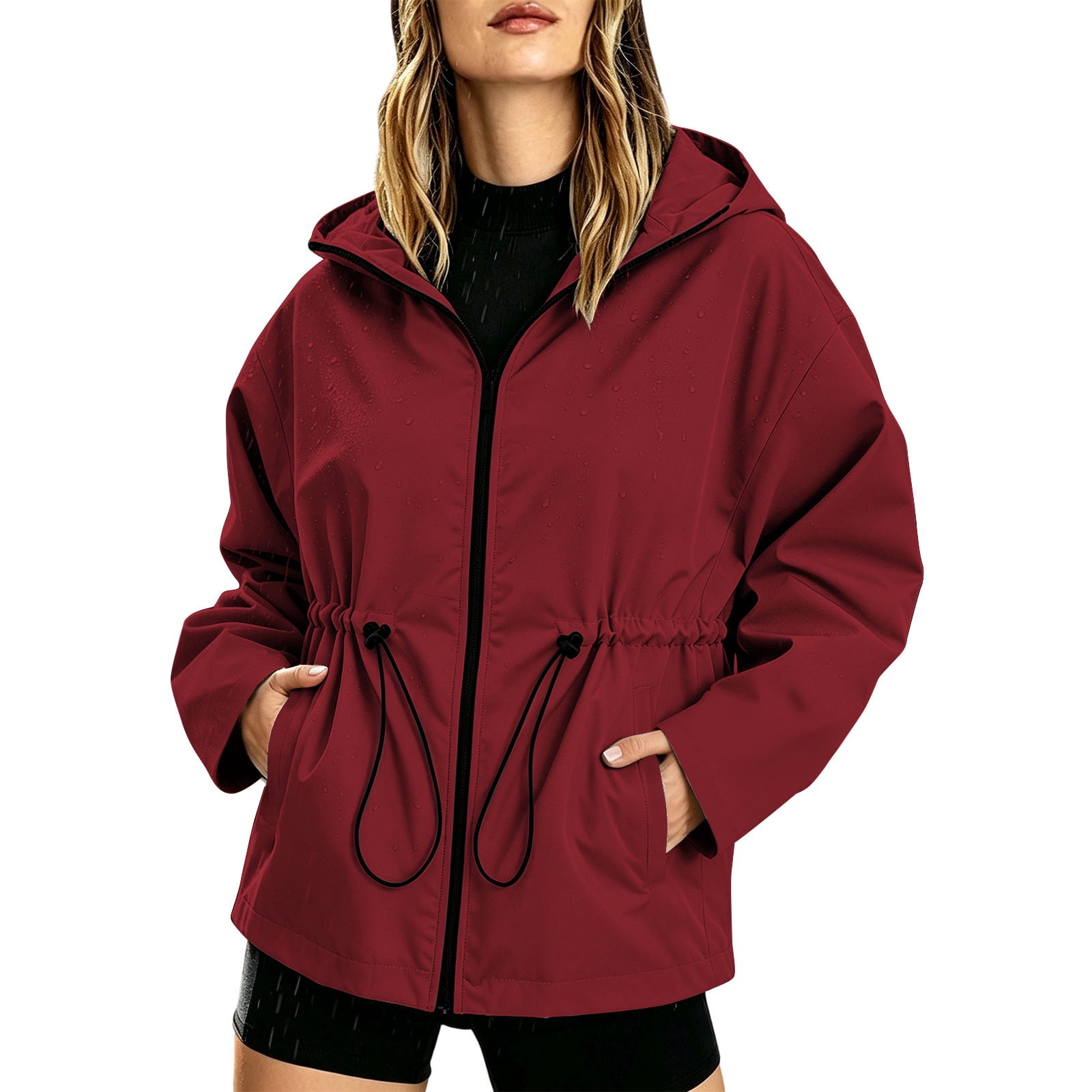 Cekizud Jackets for Women Drawstring Waist Hooded Waterproof Windproof ...