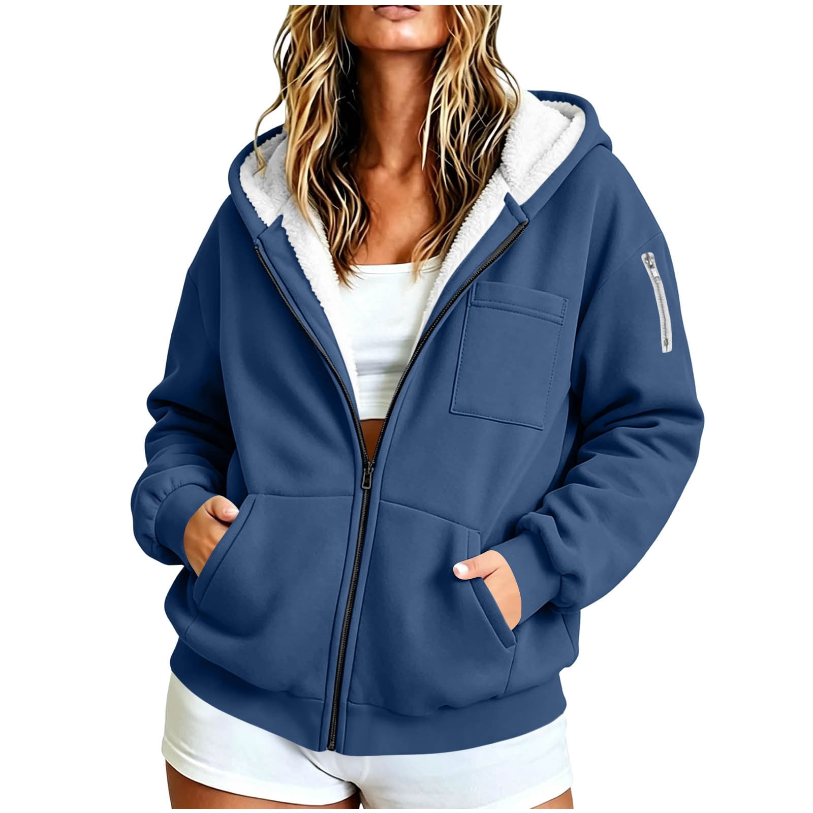 Cekizud Jackets for Women Oversized Hooded Sweatshirt Solid Color Lined ...