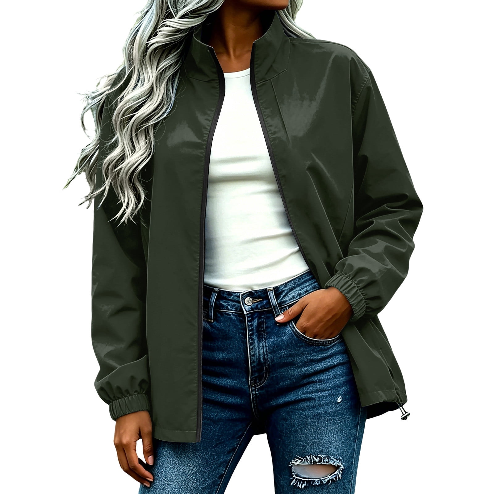 Cekizud Jackets for Women Stand Collar Zip up Windbreaker Elastic Cuffs ...