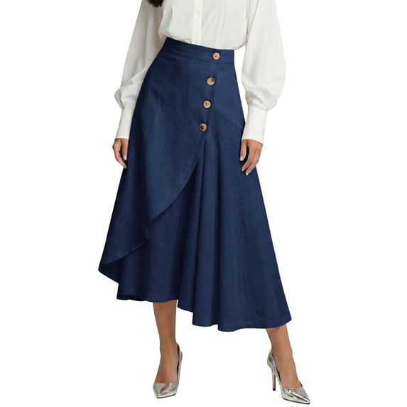 Cekizud Long Skirts for Women Linen Blend Button Front Asymmetrical ...