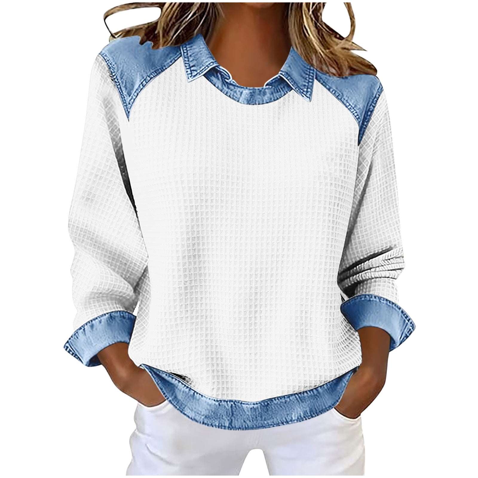 Cekizud Long Sleeve Shirts for Women Casual Lapel Solid Color Blouse ...