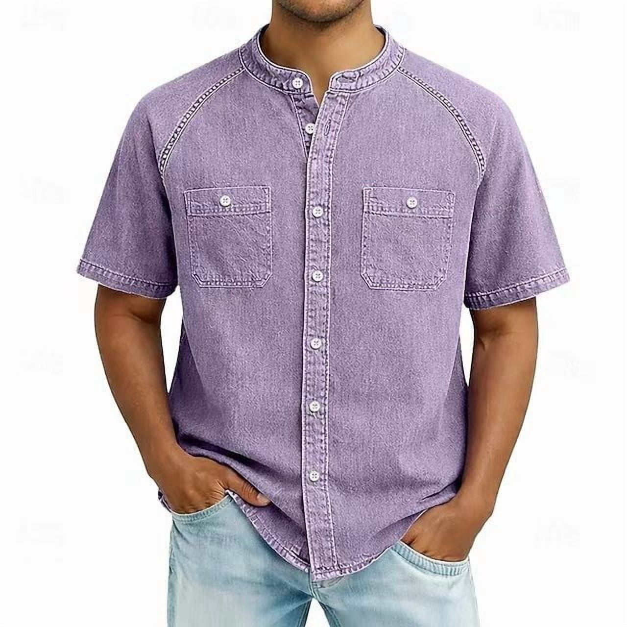 Cekizud Mens Shirts Summer Washed Denim Top Button Down Casual Short ...