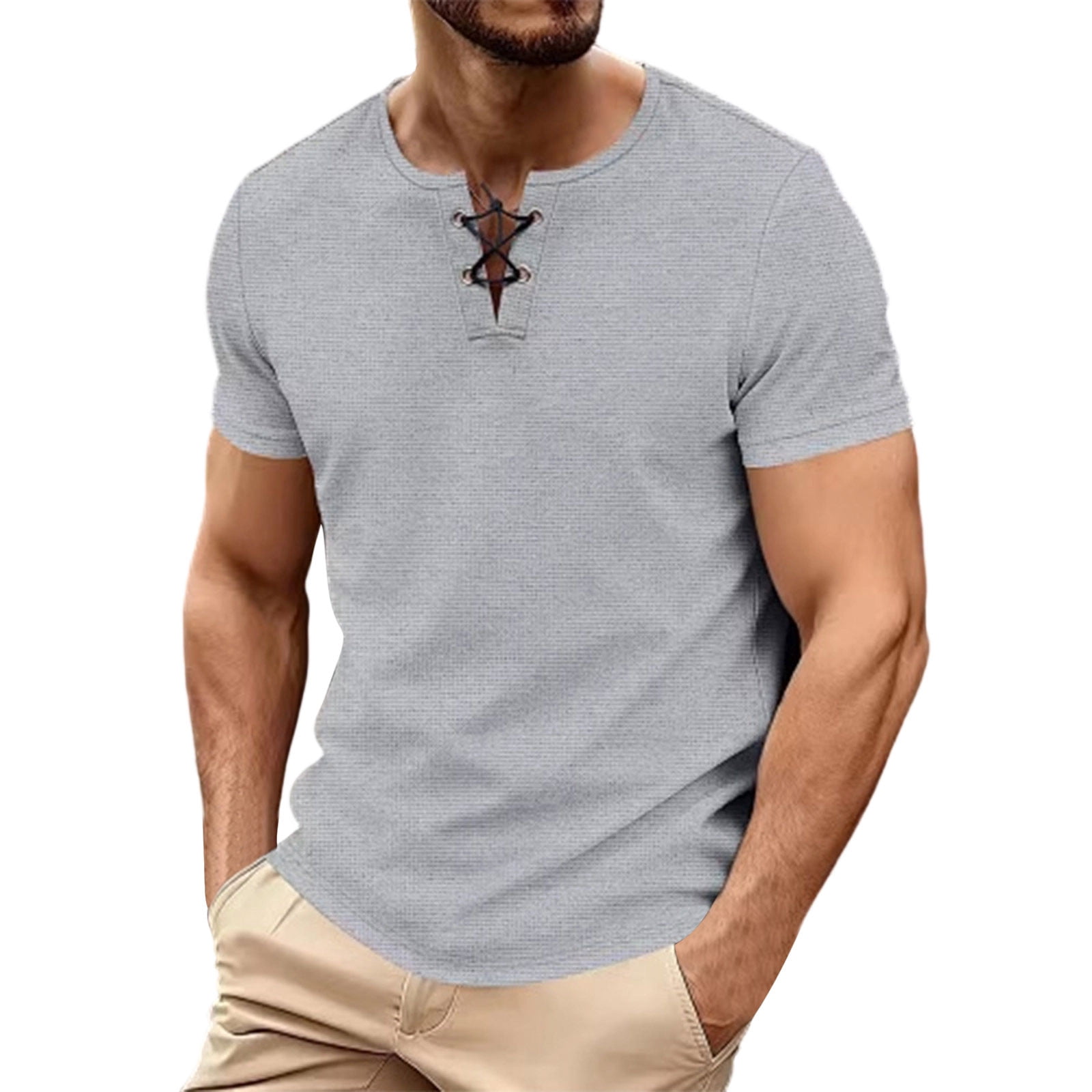 Cekizud Mens T-Shirts Casual Solid Color Breathable Short Sleeve Collar ...