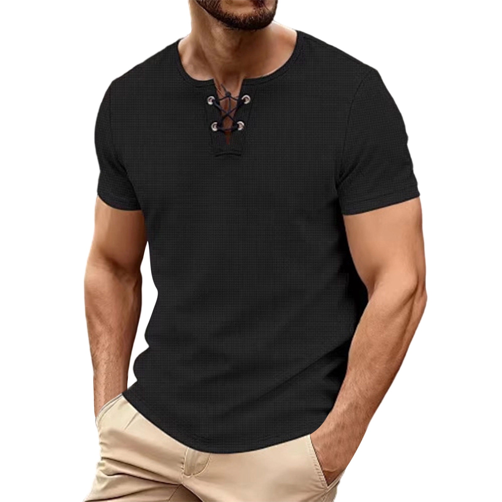 Cekizud Mens T-Shirts Casual Solid Color Breathable Short Sleeve Collar ...