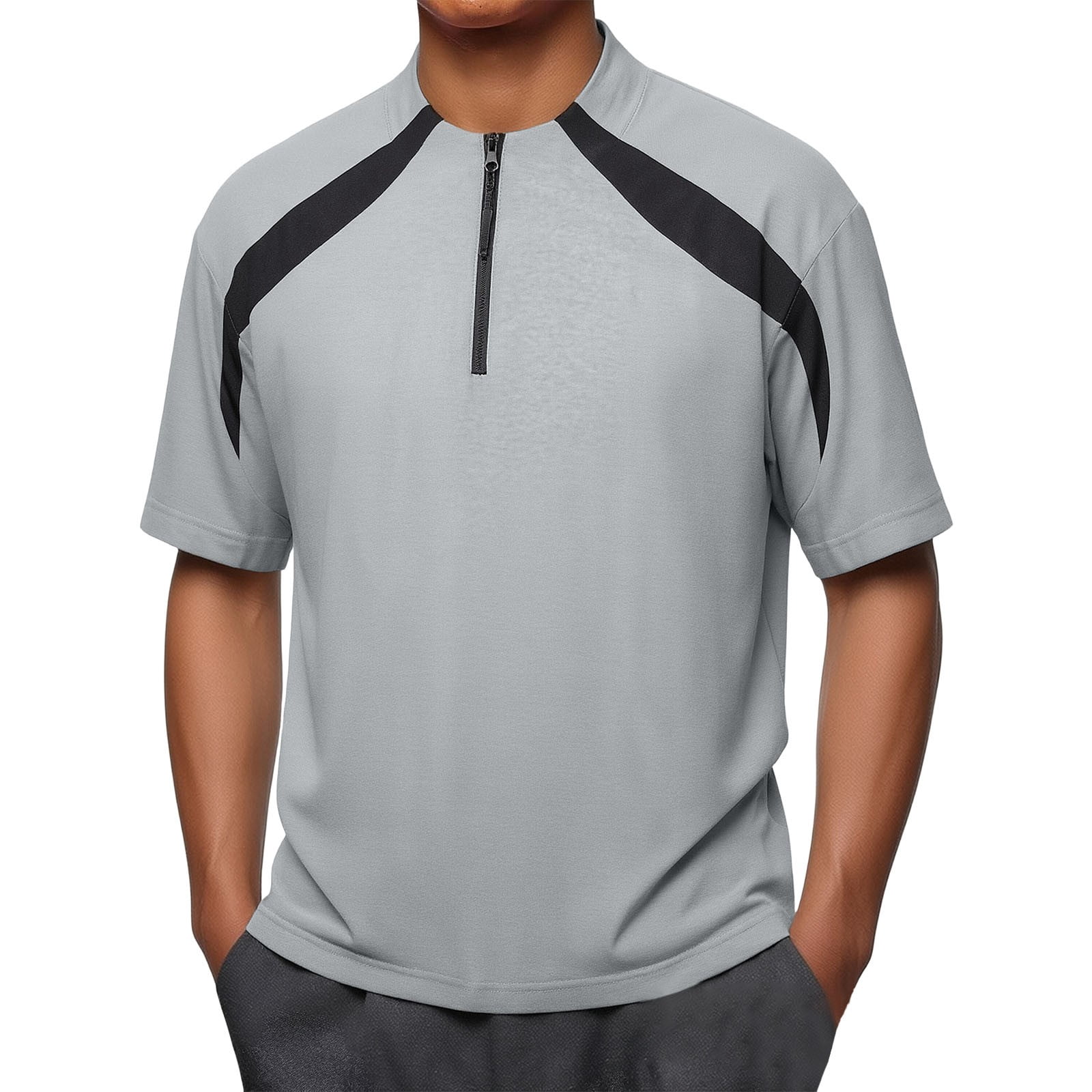 Cekizud Mens T-Shirts Half-Zip Color-Block Sports Tee Quick Dry Cool ...