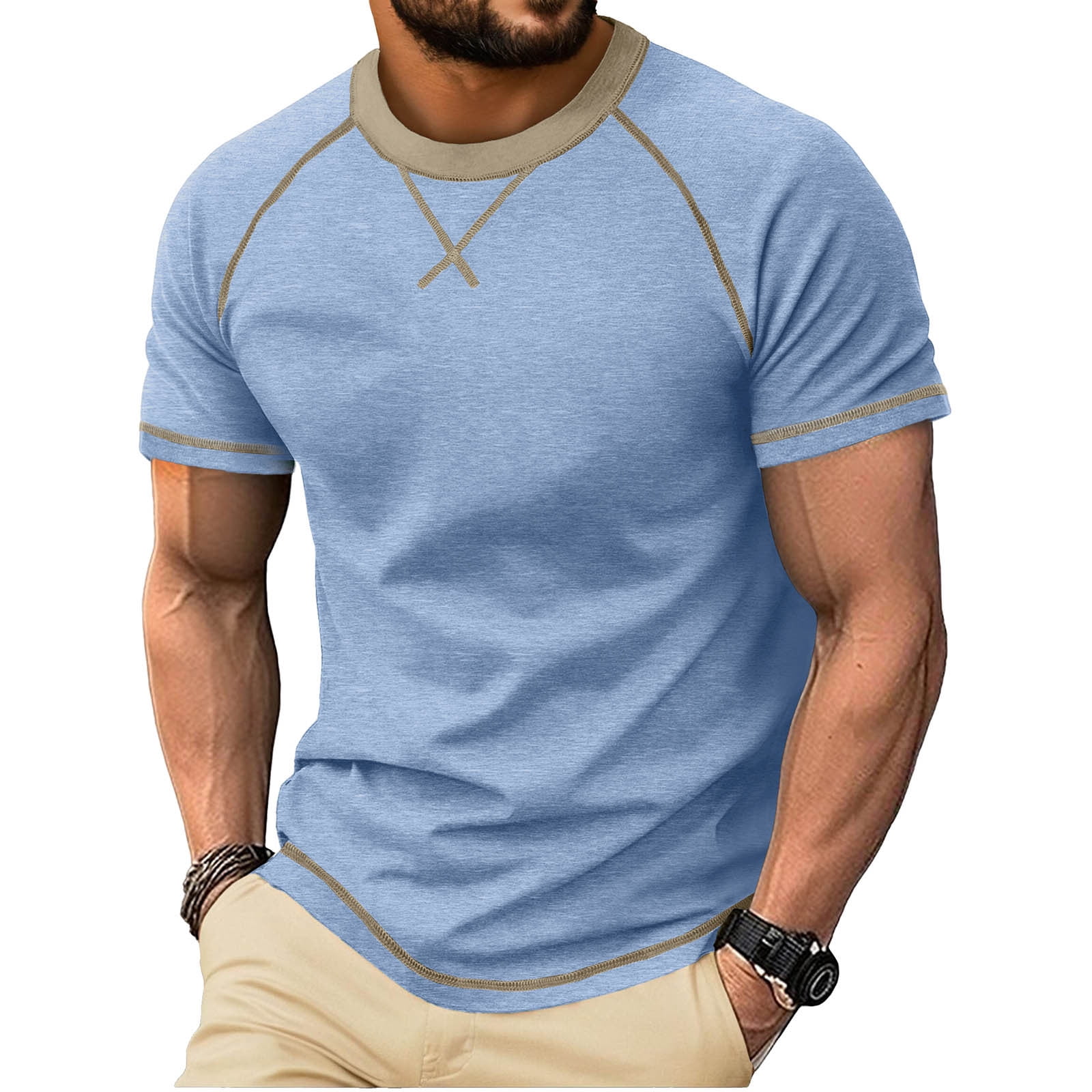 Cekizud Mens T-Shirts Solid Crew Neck Sports Pullover T-Shirt Short ...