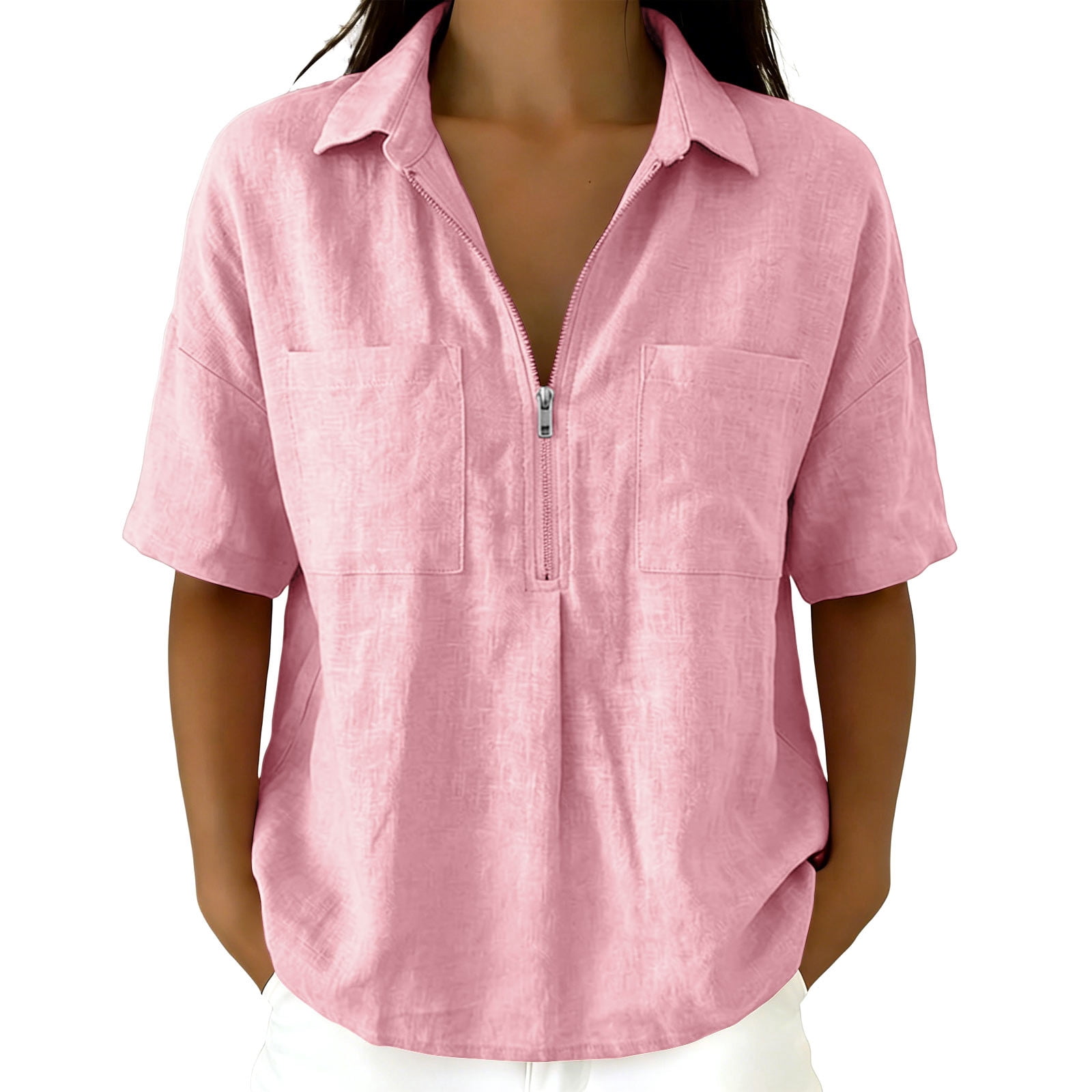 Cekizud Shirts for Women Short Sleeve V-Neck Half Zip Casual Top with ...
