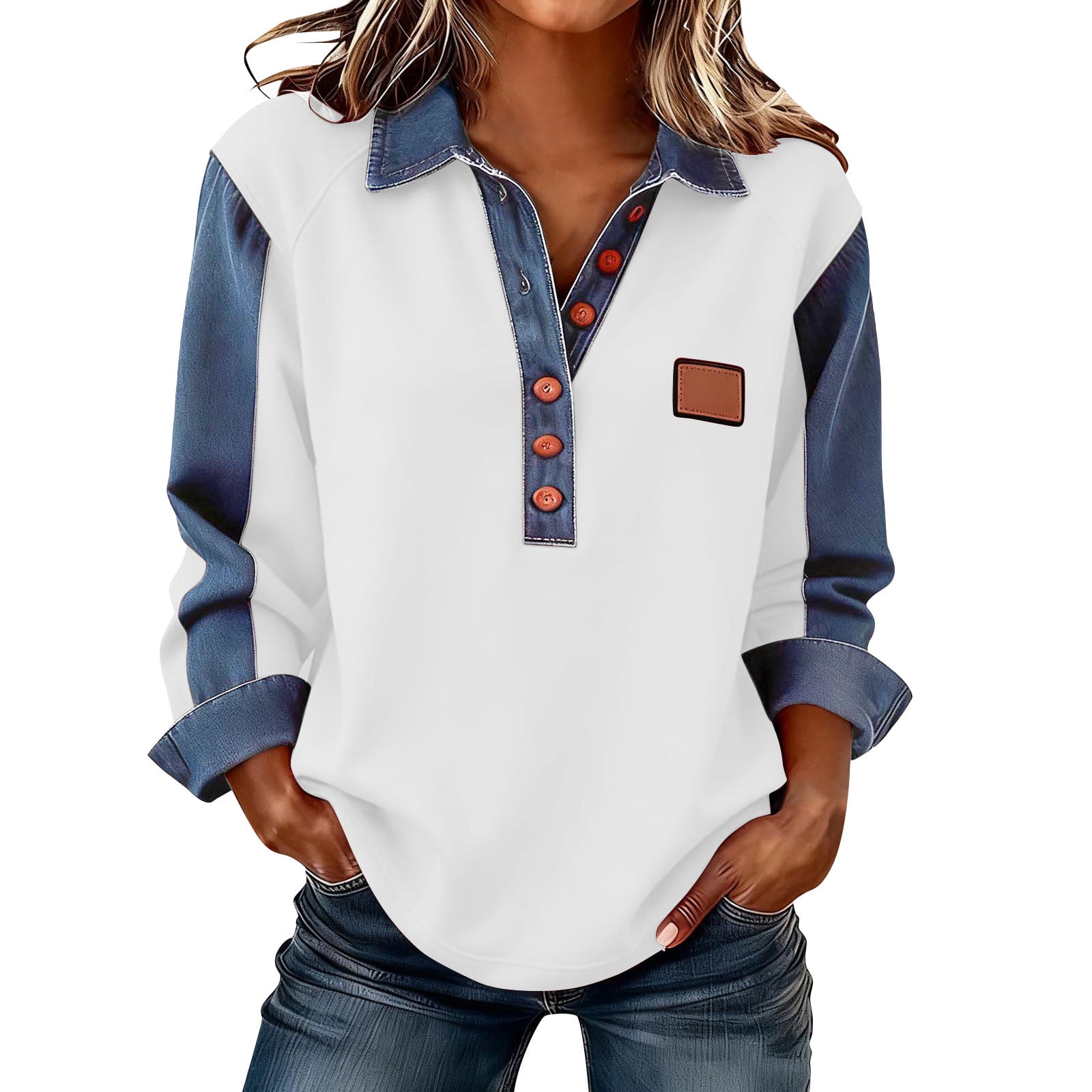 Cekizud Sweatshirt for Women Lapel Button Denim Splicing Long Sleeve ...