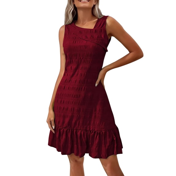 Cekizud Womens Dresses Sleeveless Smocked Asymmetrical Neckline Ruffle ...