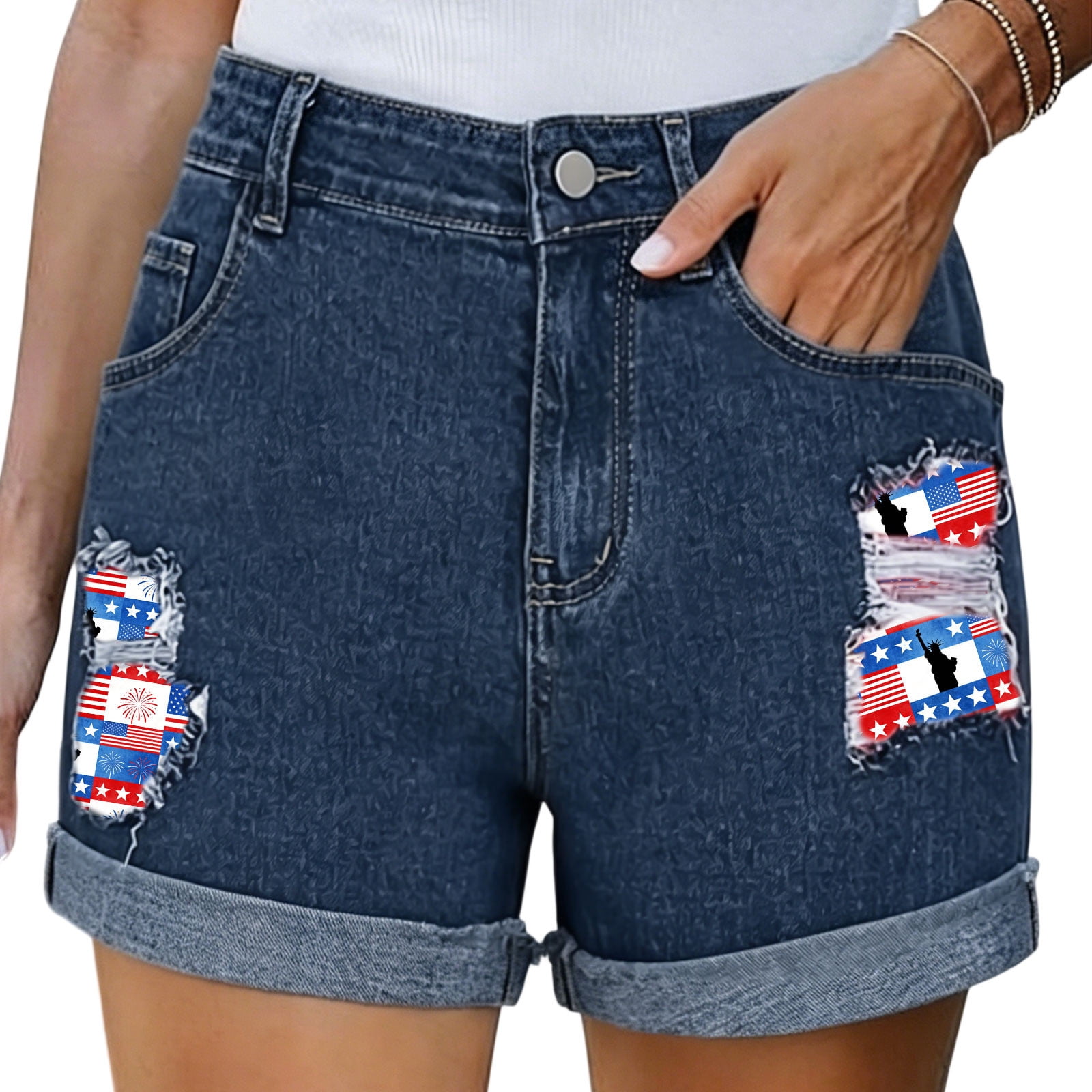 Cekizud Womens Jean Shorts High Waist Distressed American Flag Print ...
