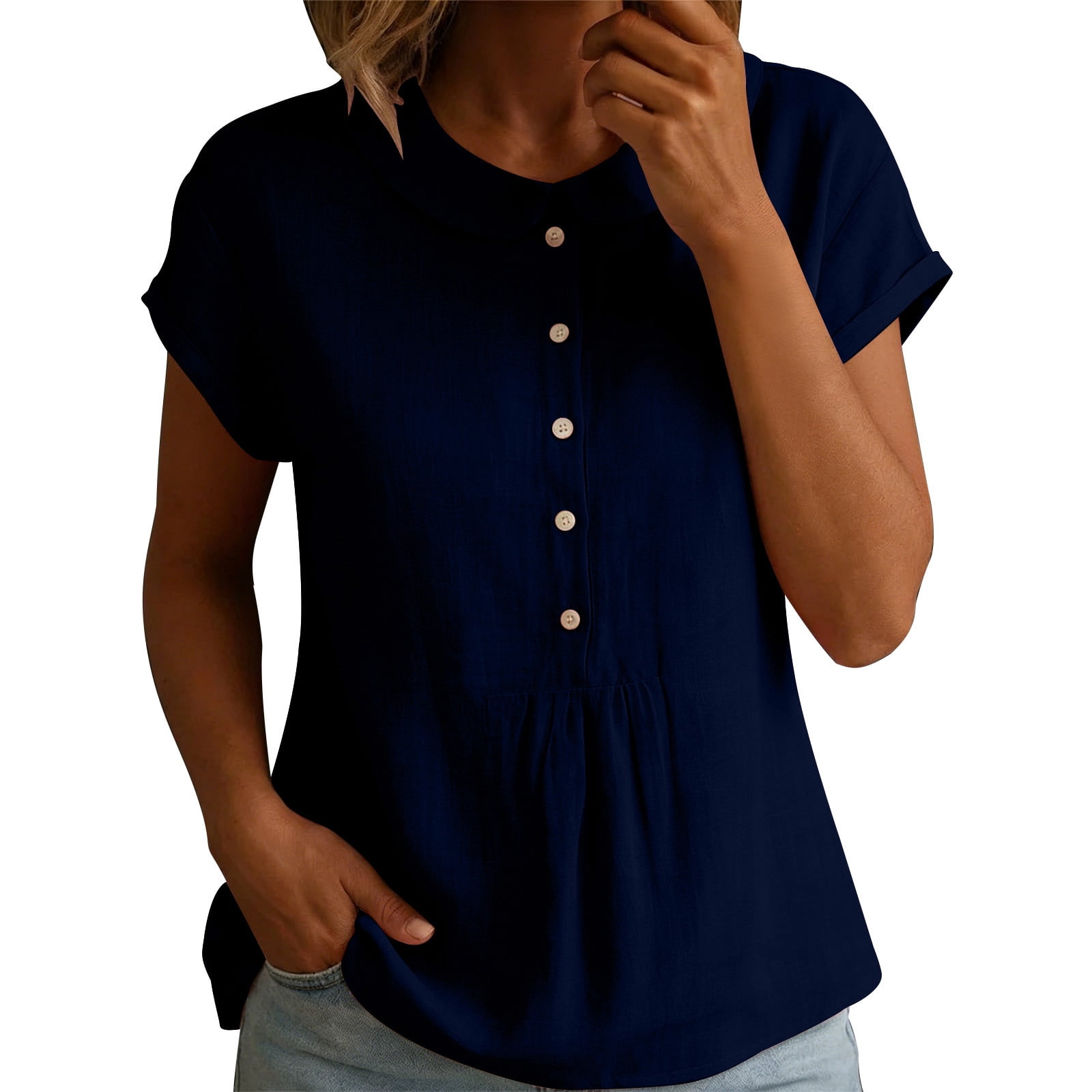 Cekizud Womens Shirts Pan Collar Short Sleeve Half Button Down Summer ...