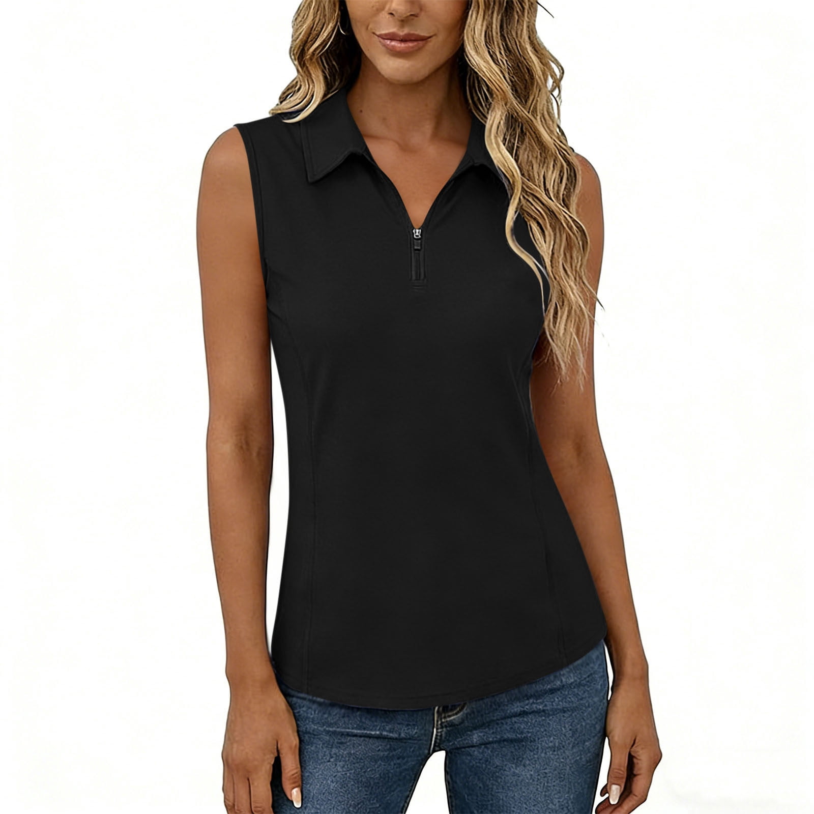 Cekizud Womens Shirts Sleeveless Collared Half Zip V-Neck Tank Tops ...