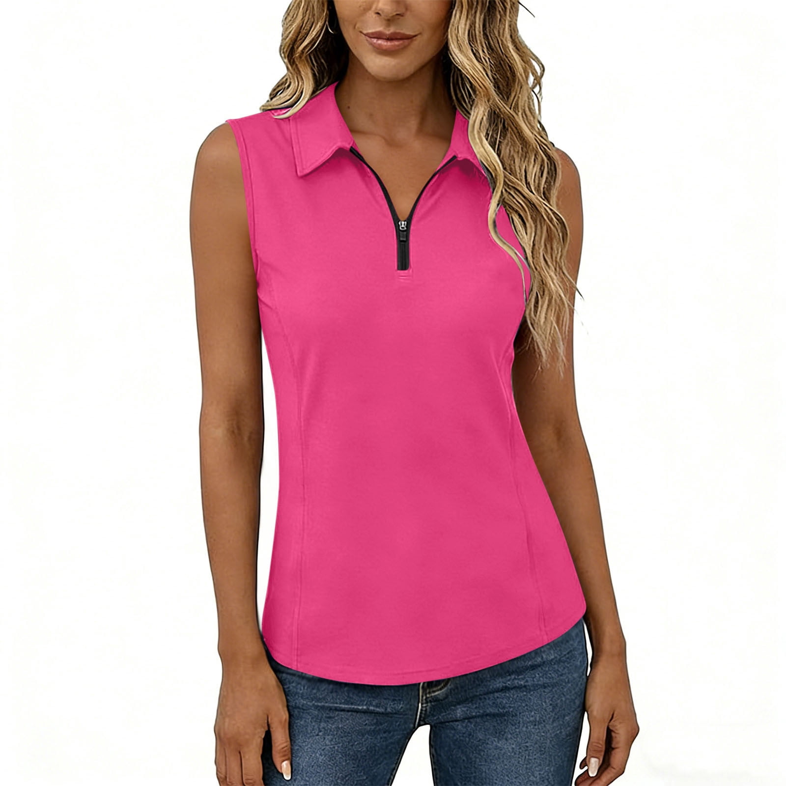 Cekizud Womens Shirts Sleeveless Collared Half Zip V-Neck Tank Tops ...