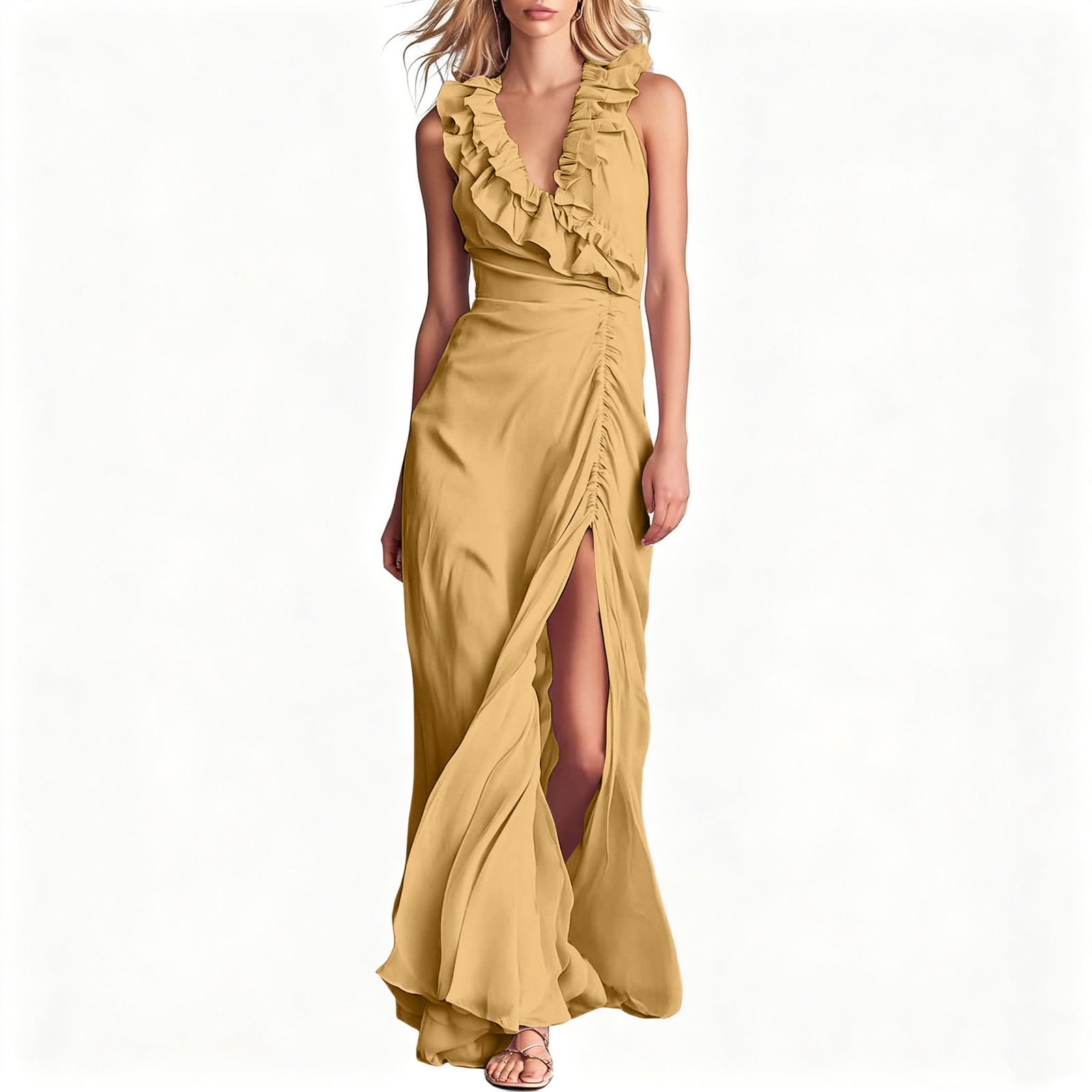 Cekizud Womens Summer Dresses Sleeveless V-Neck Ruffle Trim Evening ...