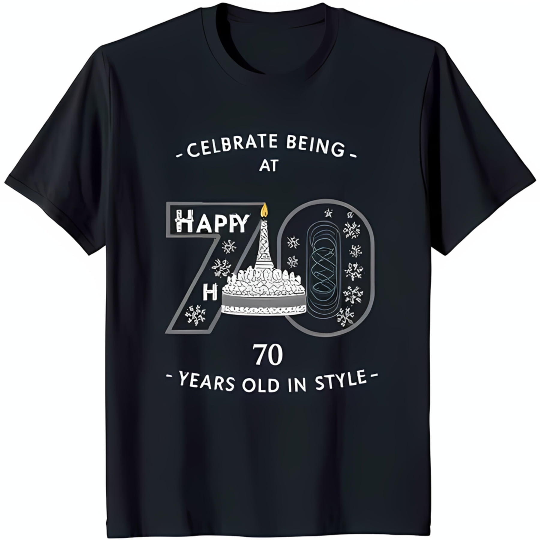 Celebrate 70 Years in Style: Black T-Shirt with Cake & Candle Graphic ...
