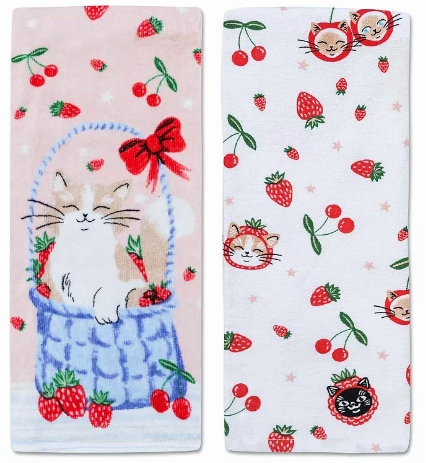 Celebrate Americana Cat & Red Berry Soft Cotton Kitchen Terry Tea ...