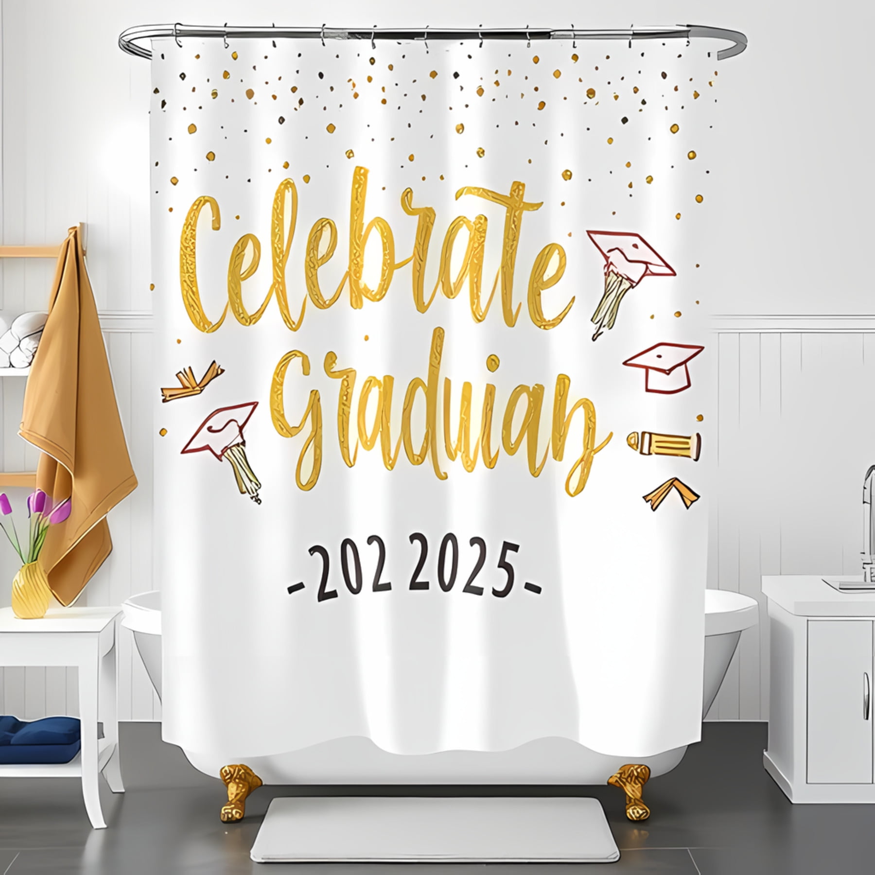 Celebrate Gradualan Shower Curtain with Glittery Text Graduation ...