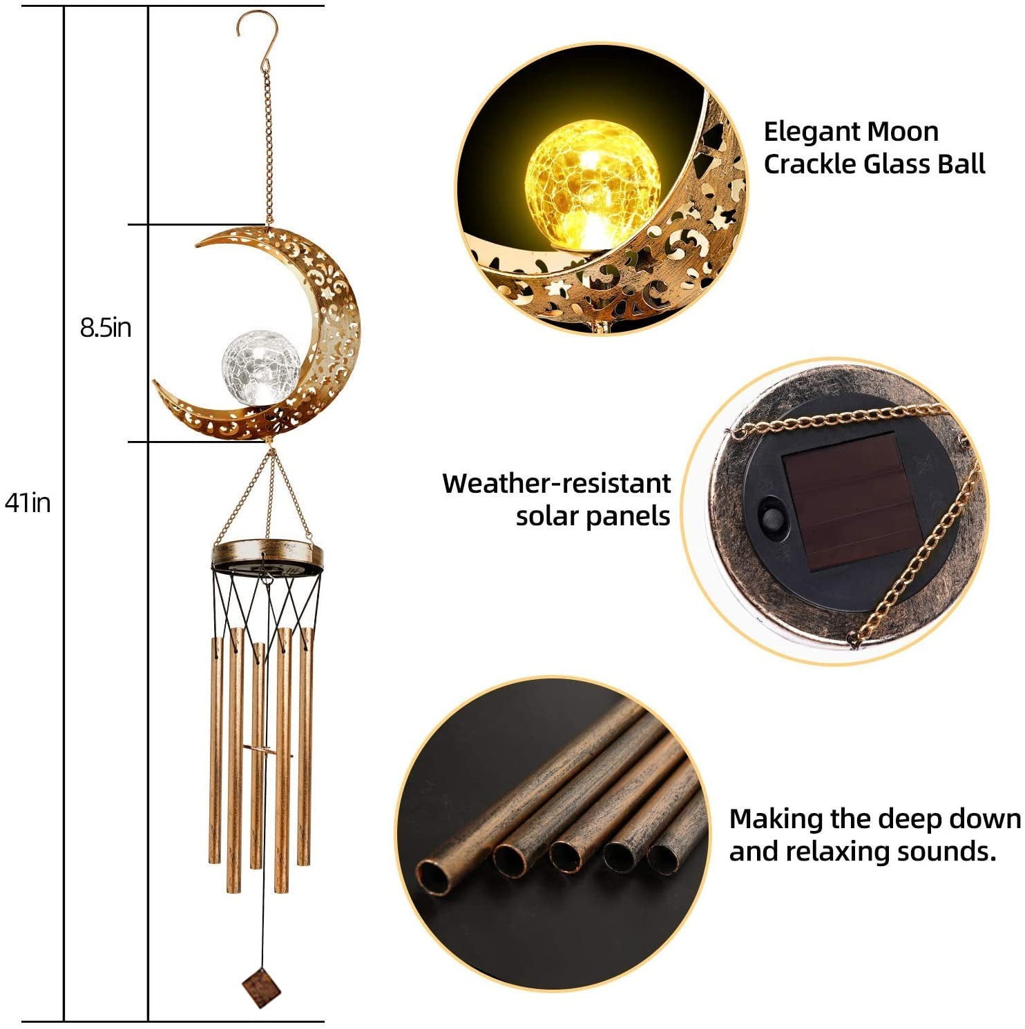 Celebrate Outdoor Hanging Warm Solar Wind Moon Chimes Glass Decor For ...