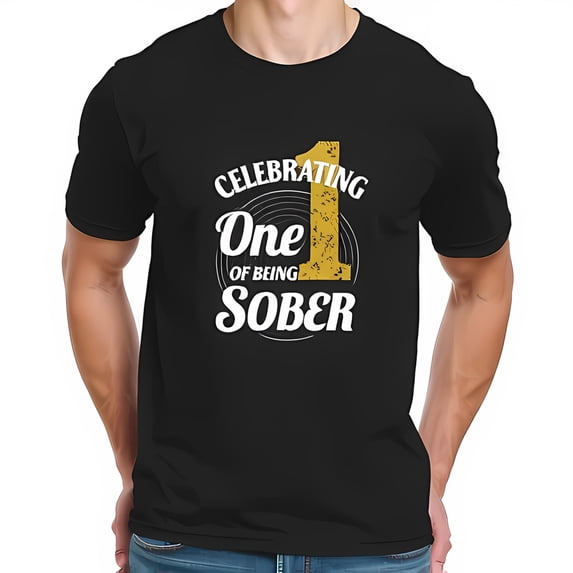 Celebrating One Year of Sobriety T-Shirt - Black Tee with Gold Number ...
