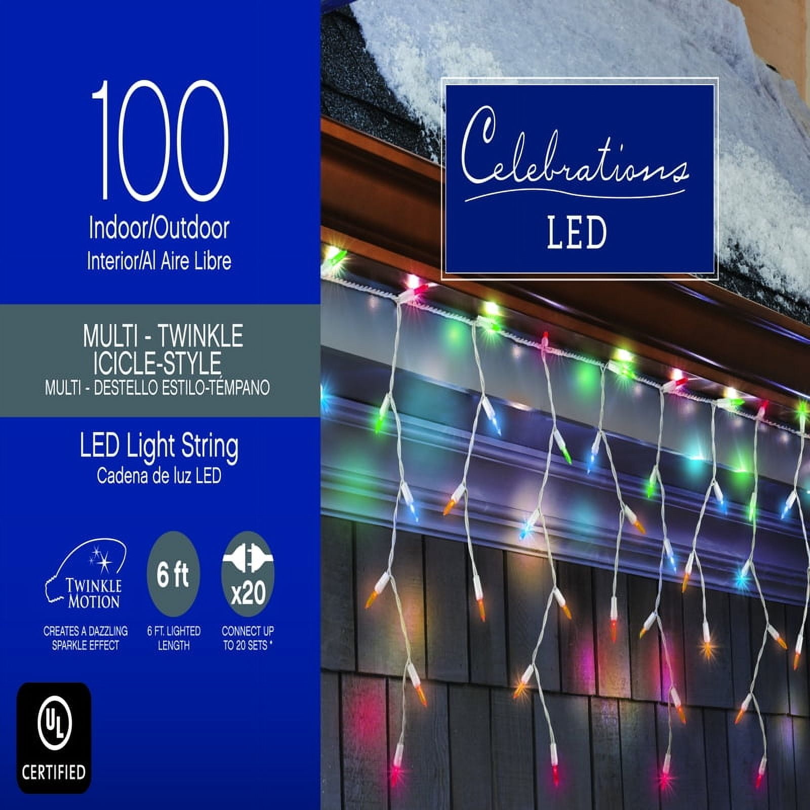 Celebrations Christmas Colored LED Twinkle Icicle Light Set, 5.5', 100 ...