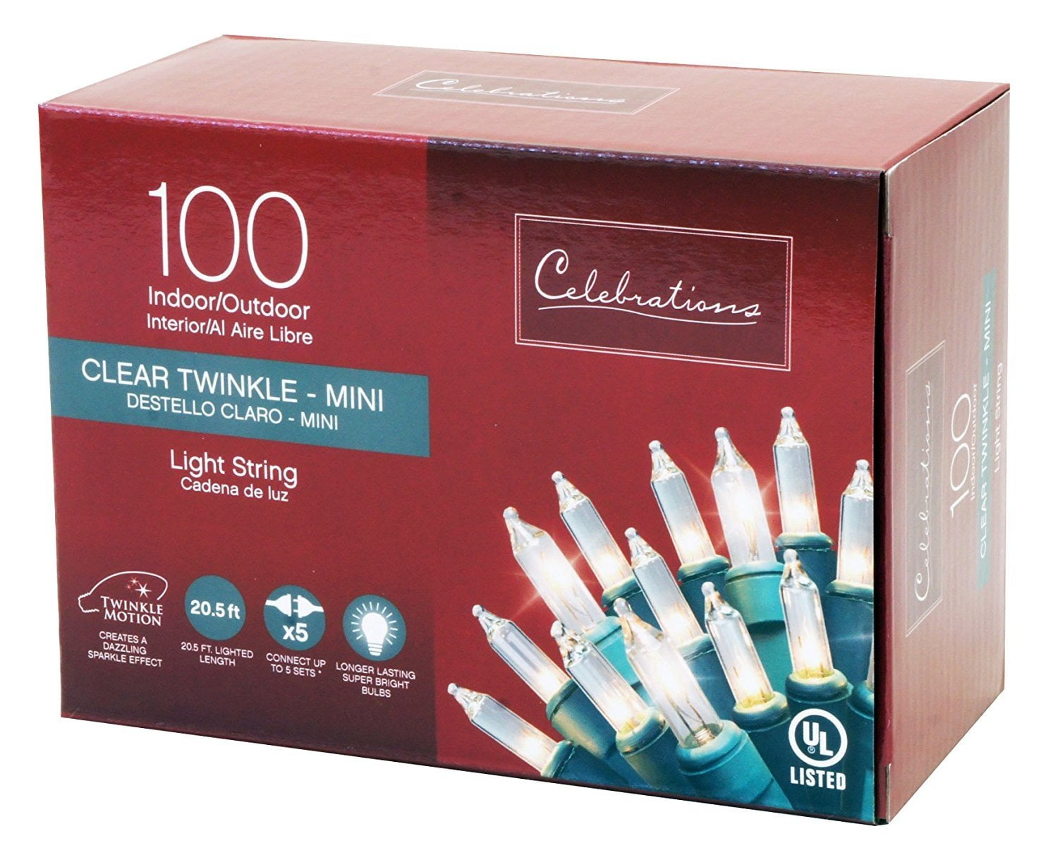 Celebrations Lighting LED Twinkle Lights, 100 Clear Bulbs, 20.5' Length ...